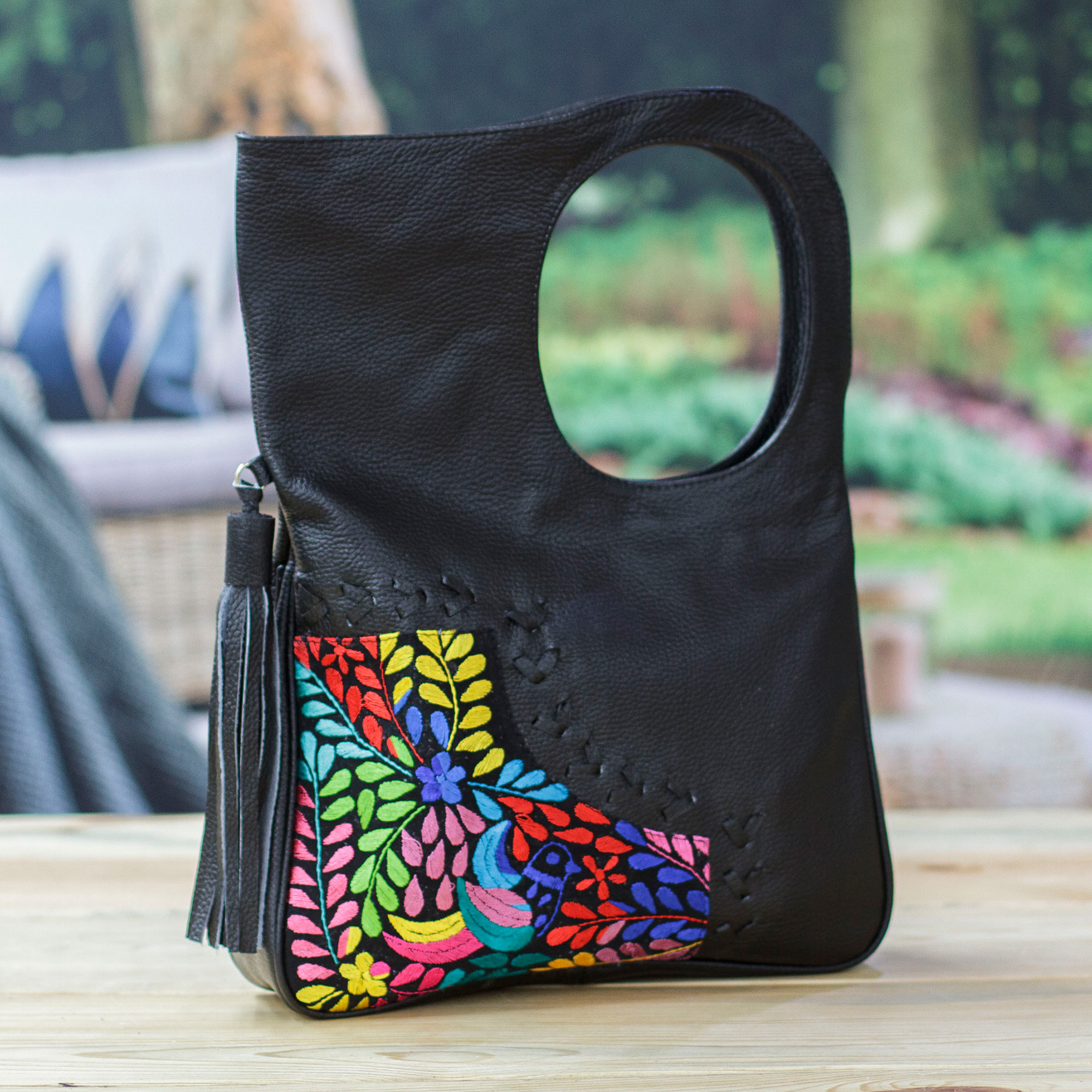UNICEF Market | Embroidered Hummingbird Black Leather Handle Handbag ...