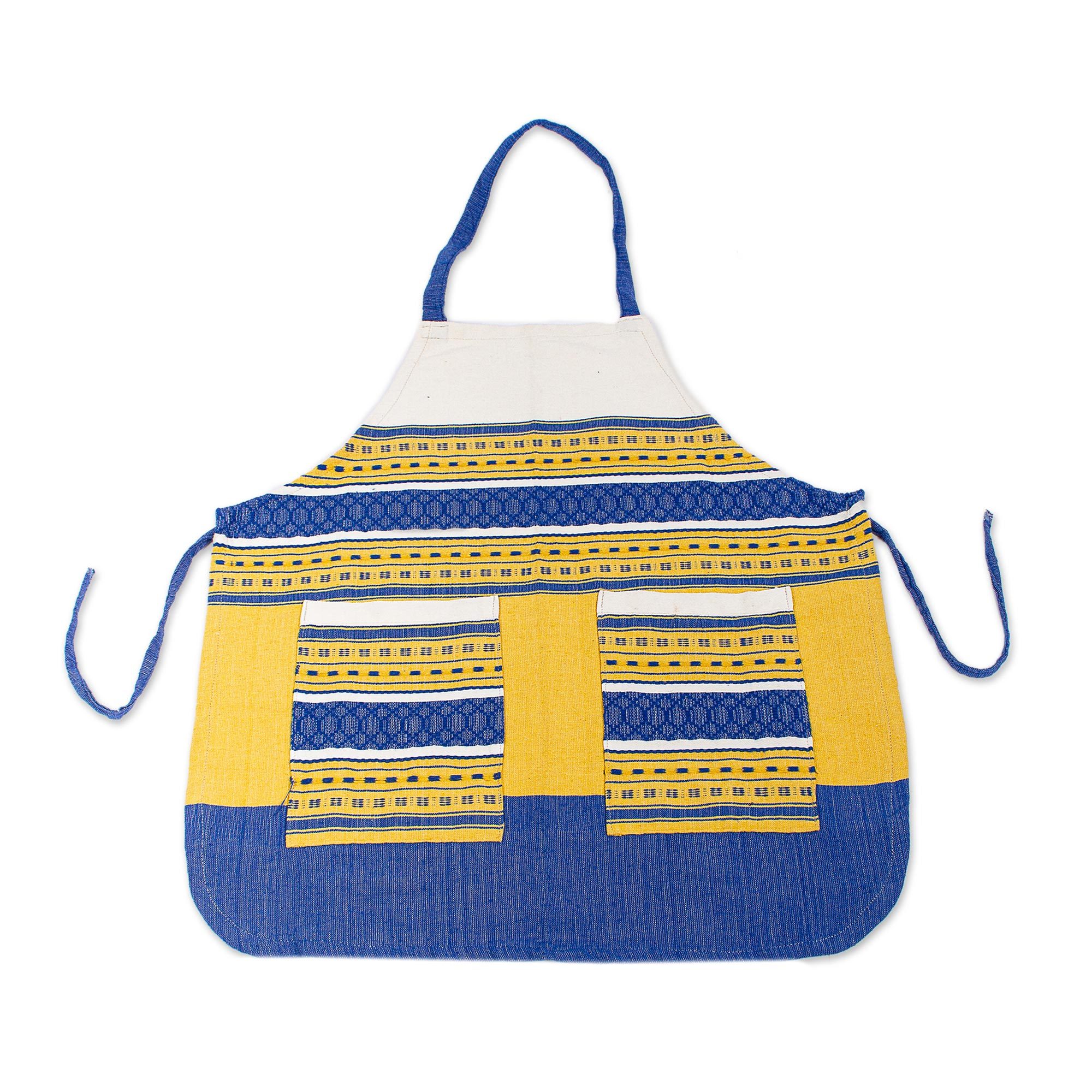 Handwoven Blue and Yellow Cotton Apron with Pockets - Blue Country ...