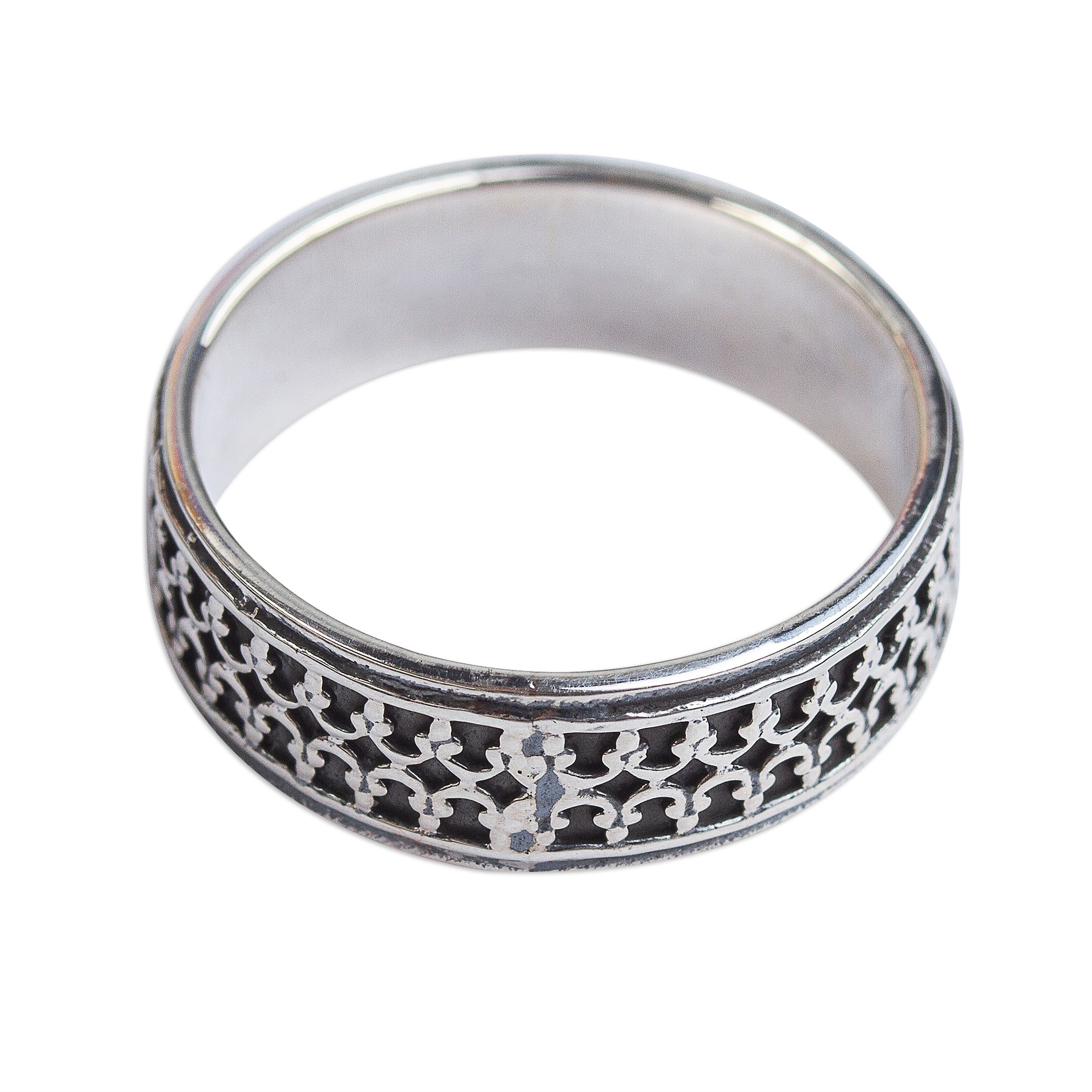 950 Silver Fretwork Band Ring from Mexico - Elegant Fretwork | NOVICA