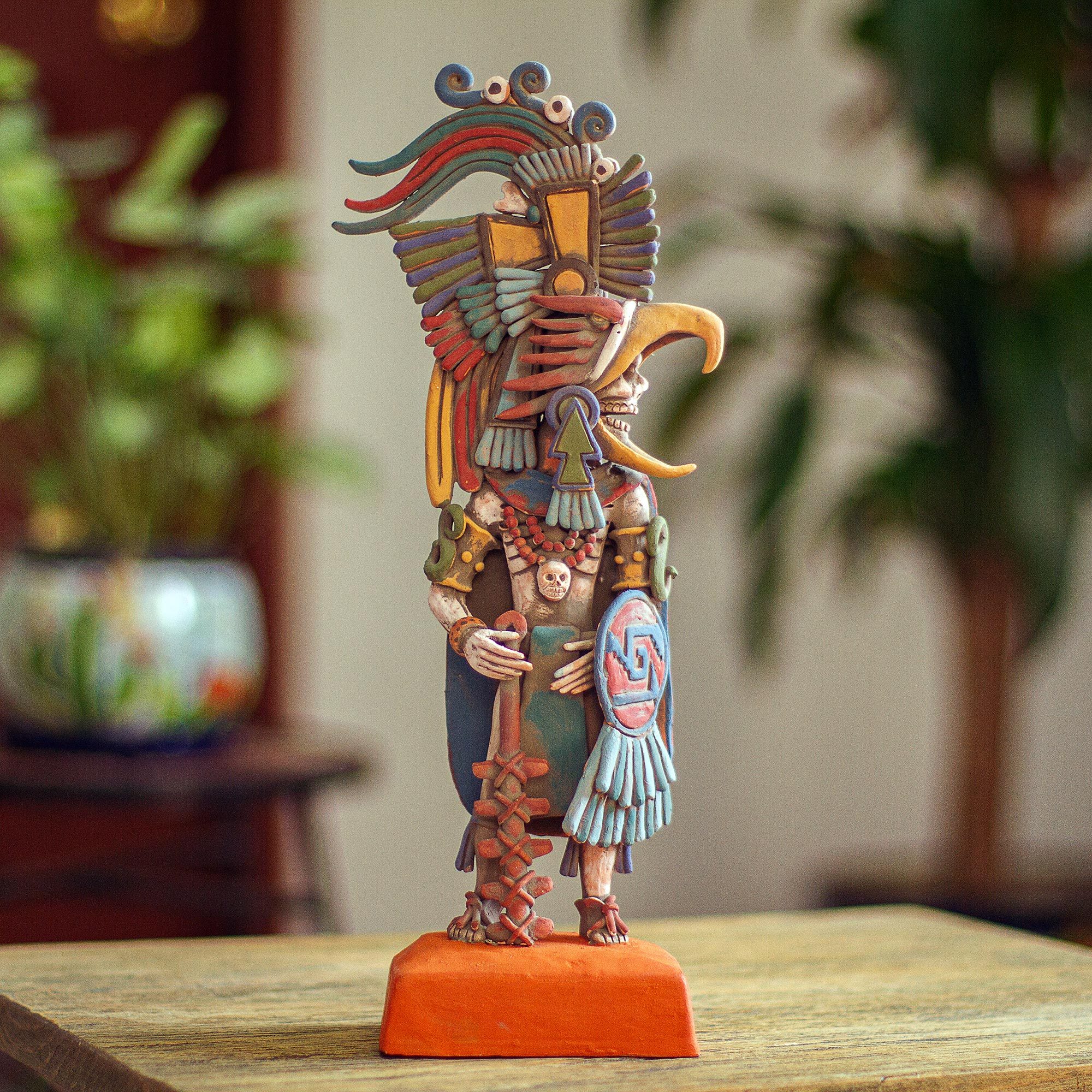 Aztec Eagle Knight Warrior Polychrome Ceramic Sculpture - Aztec Eagle ...