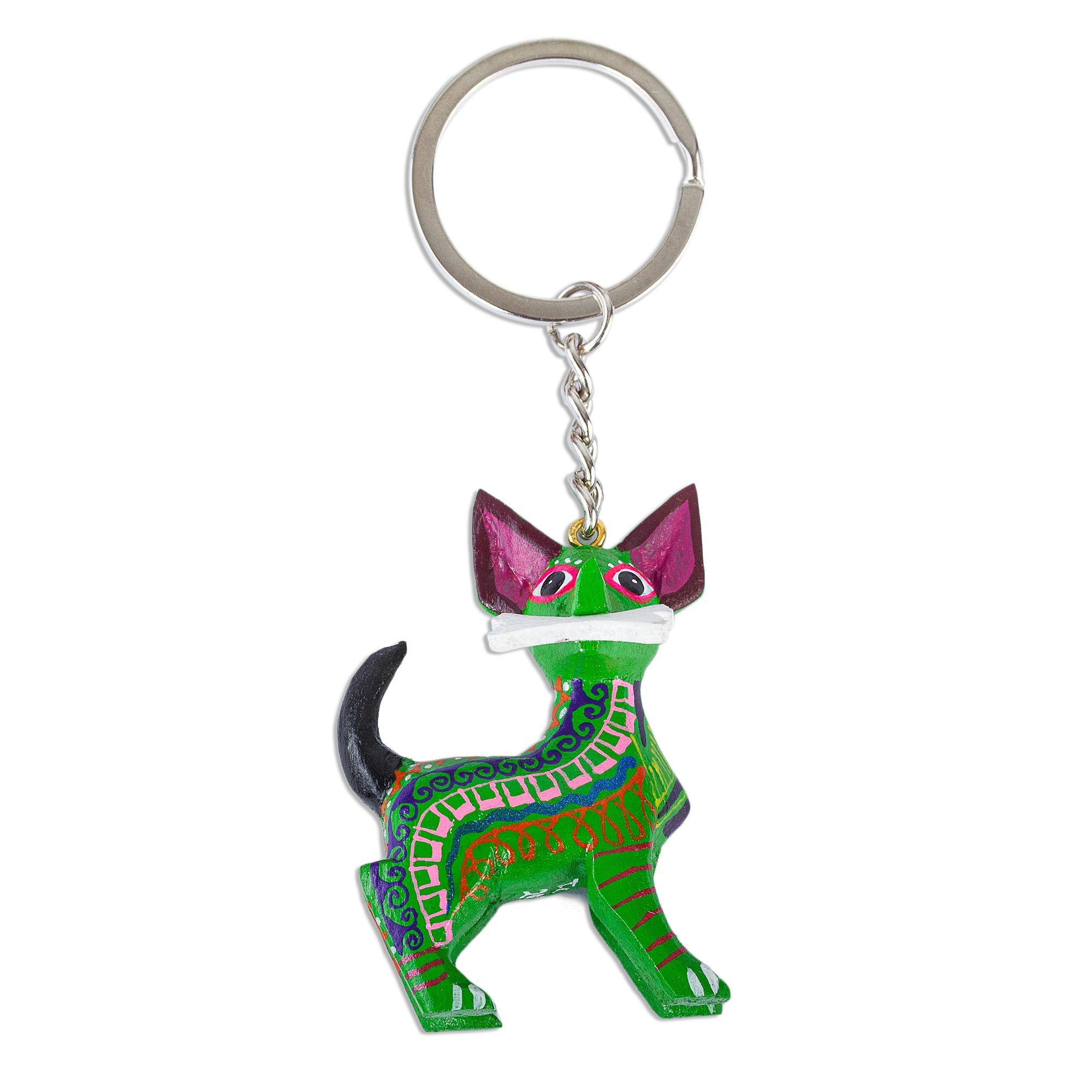 UNICEF Market | Green Dog with Bone Wood Alebrije Key Ring - Green Dog