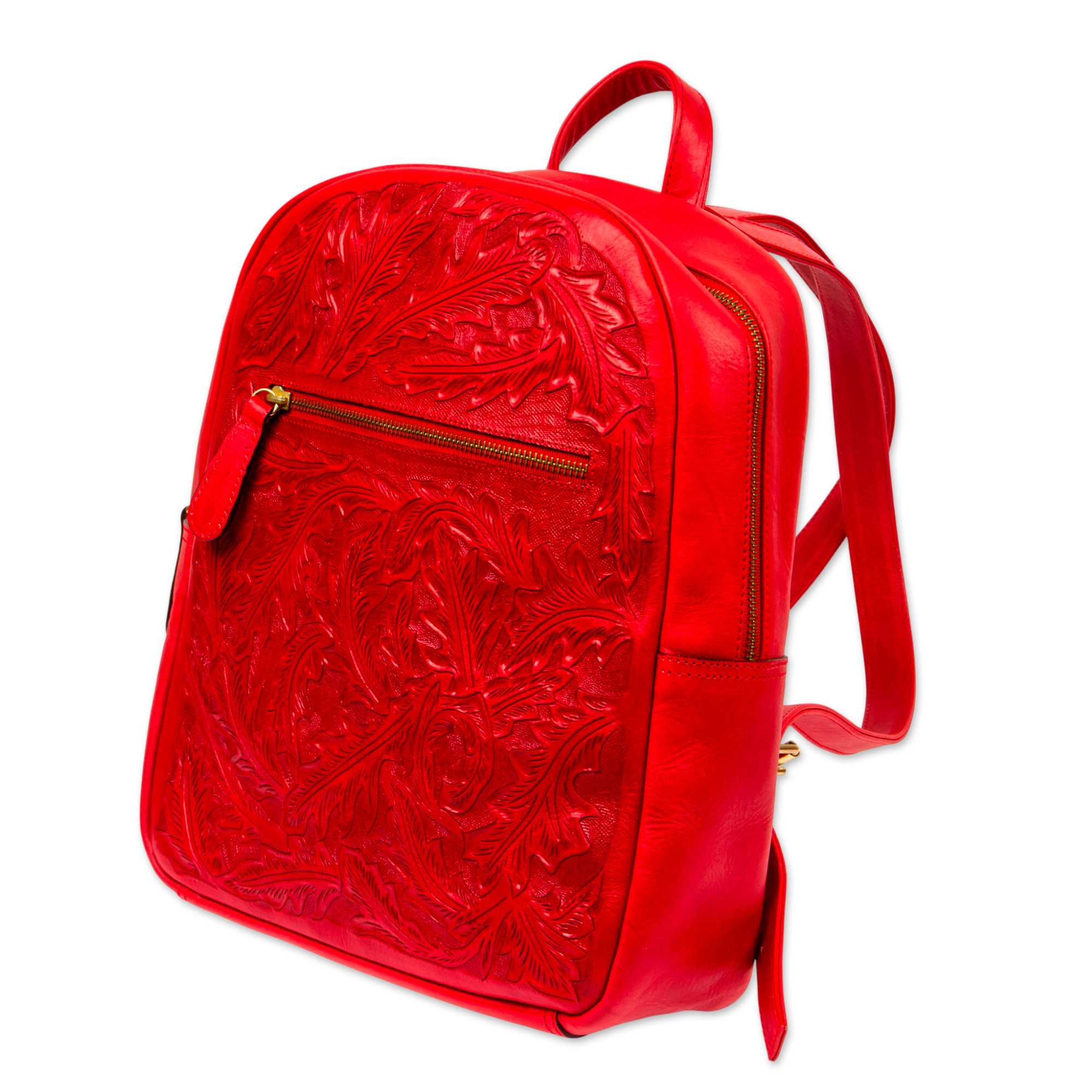 Bright Red Tooled Leather Backpack - Falling Leaves in Red | NOVICA