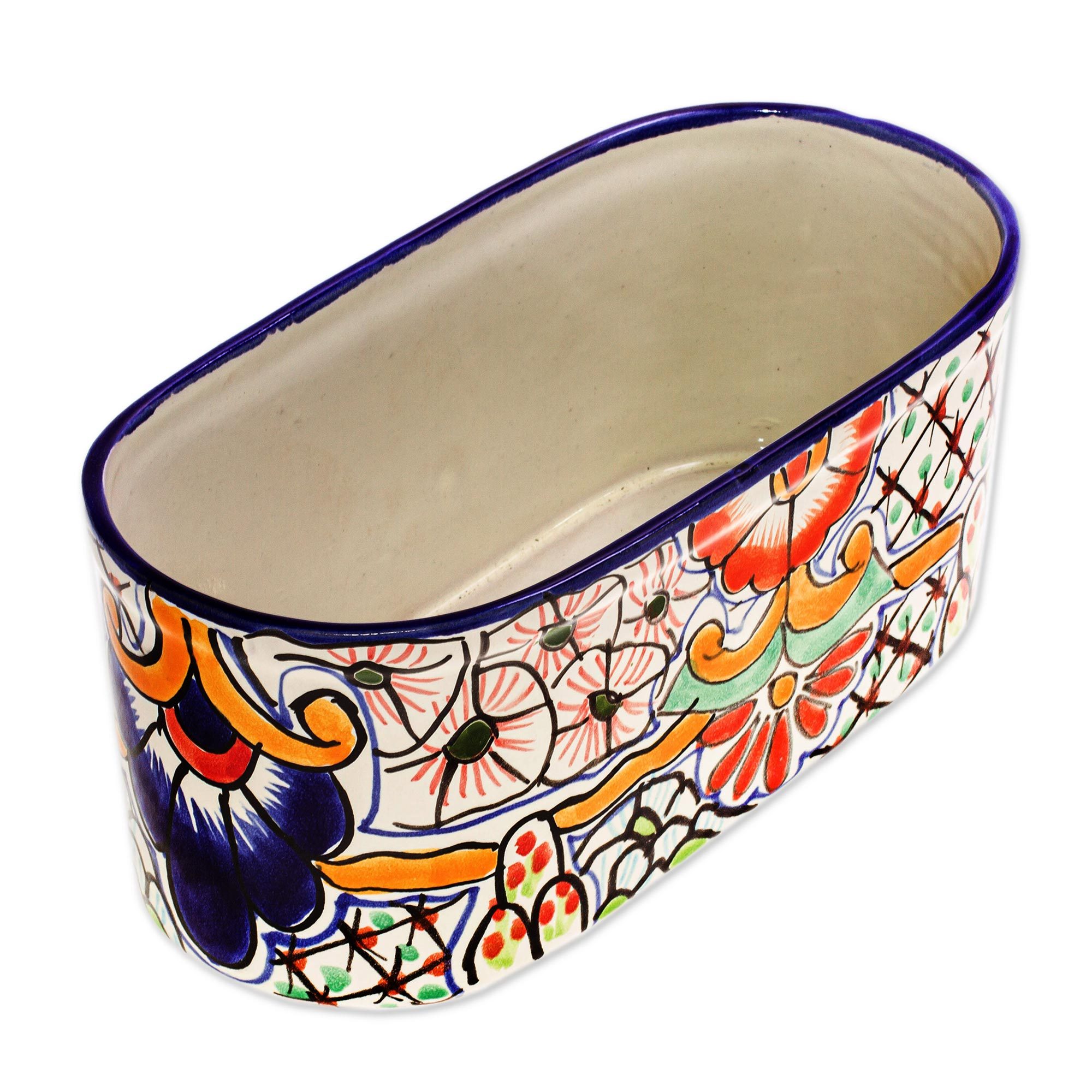 Talavera Style Ceramic Planter Box from Mexico - Rosas | NOVICA