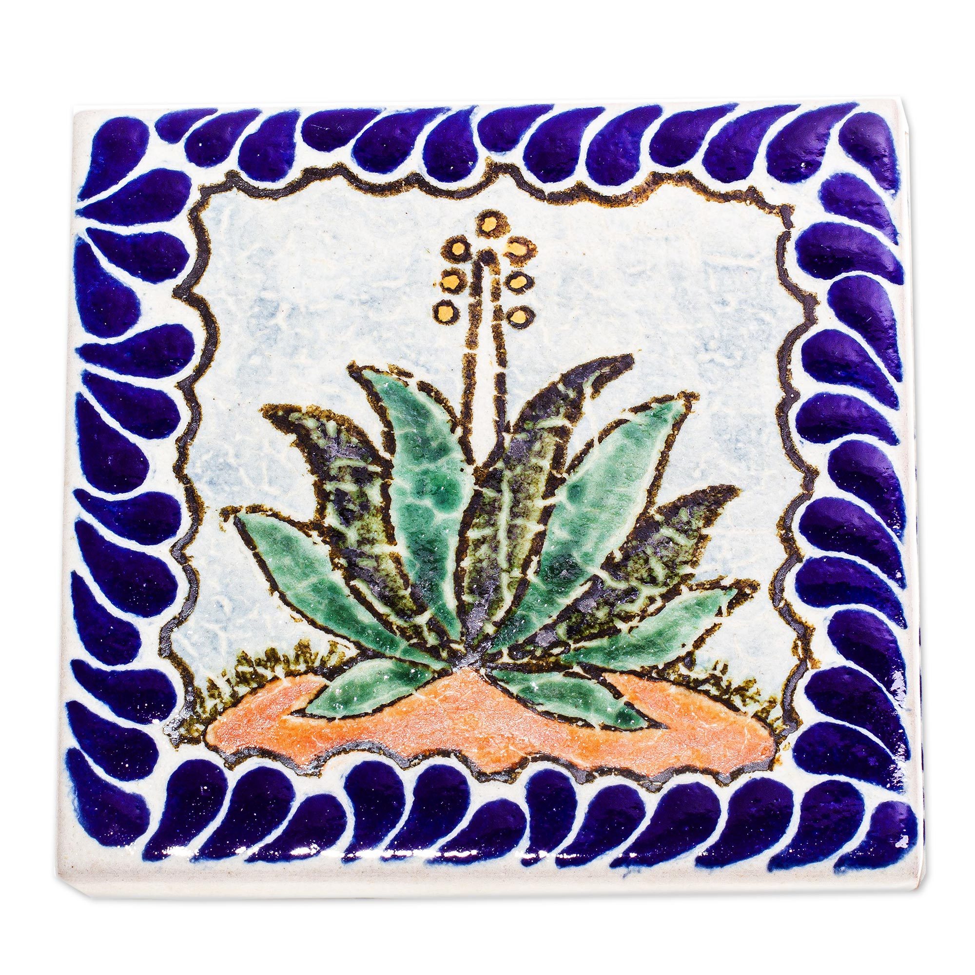 Square Ceramic Coasters with Cacti (Set of 4) - Desert View | NOVICA