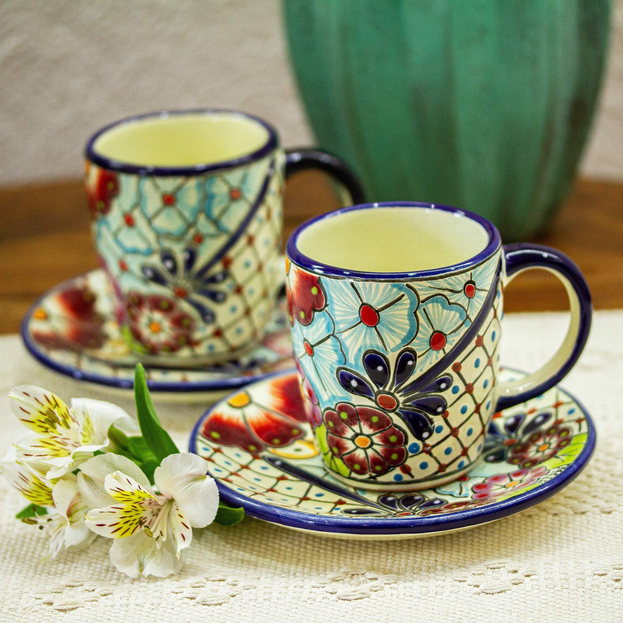 Talavera-Style Cups and Saucers (Pair) - Colors of Mexico | NOVICA