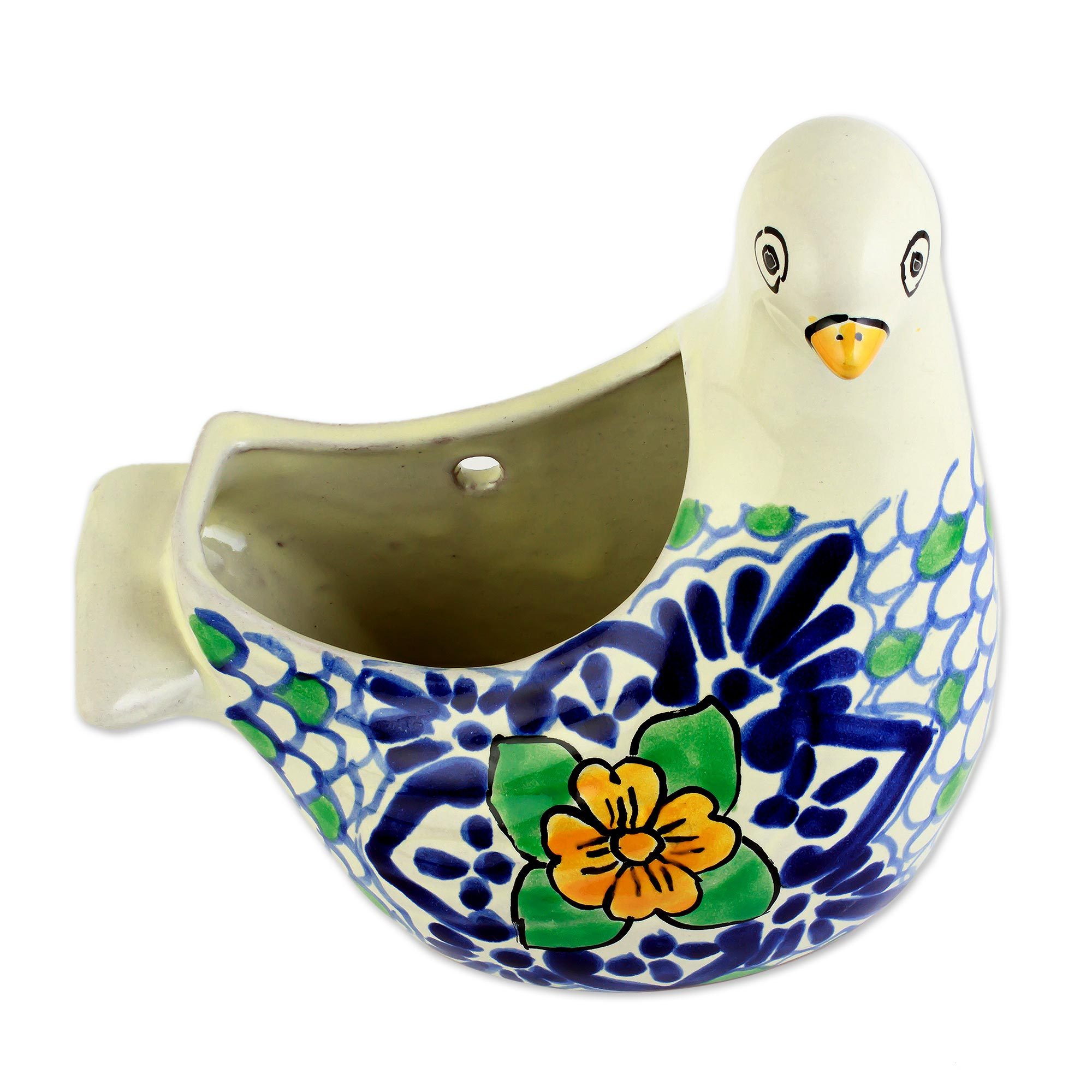 Talavera-Style Dove Flower Pot - Puebla Dove | NOVICA