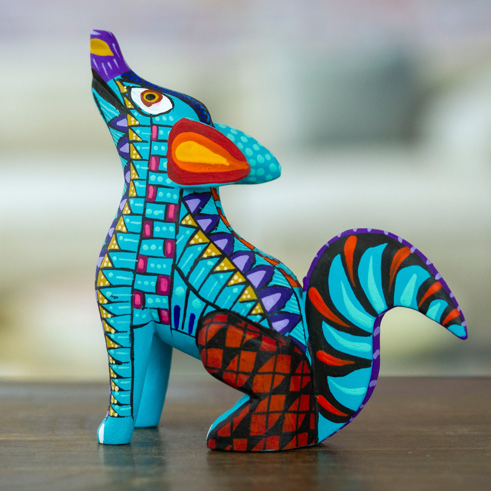 Copal Wood Alebrije Coyote Figurine Hand-Painted in Cyan - Island ...
