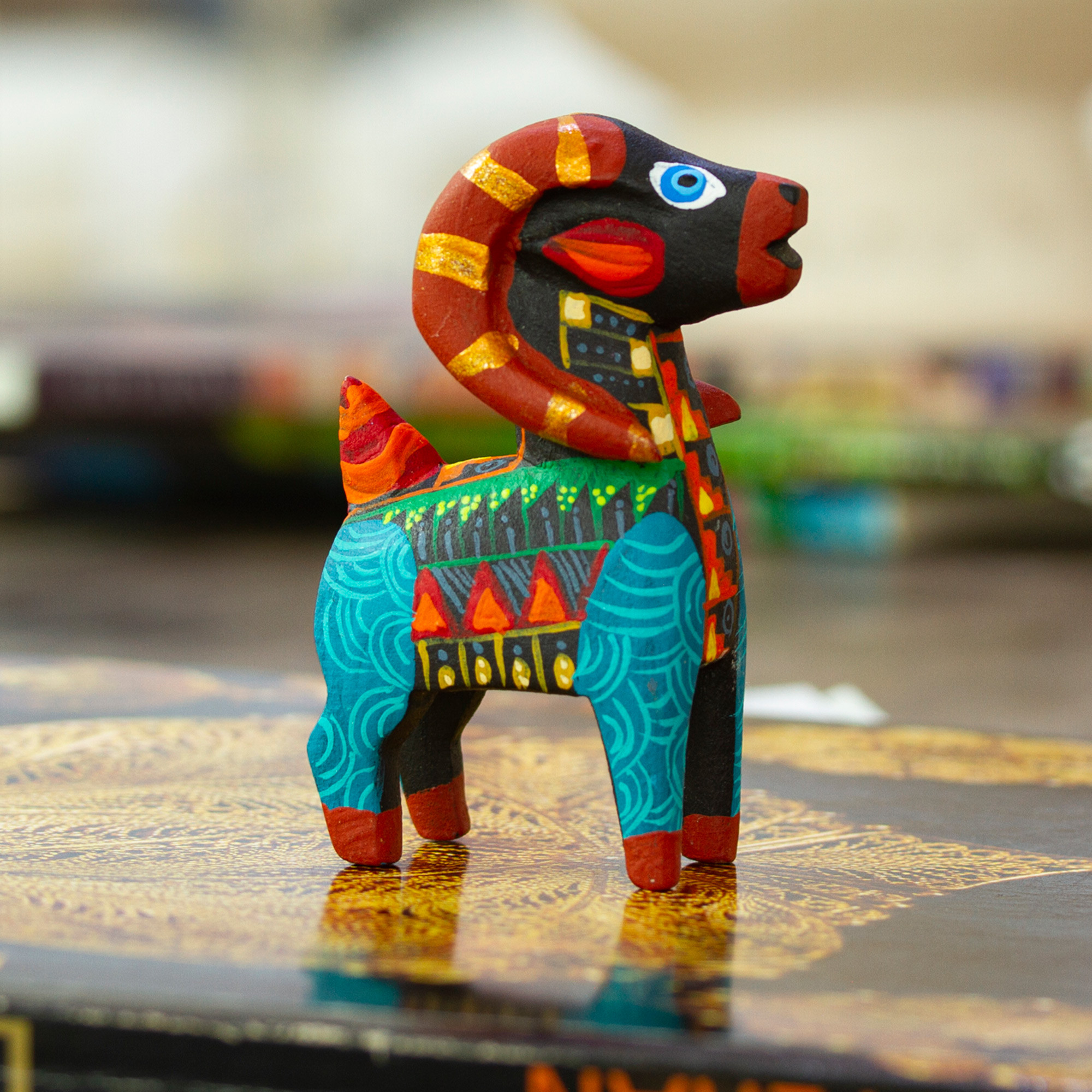 Copal Wood Alebrije Sheep Figurine Hand-Painted in Turquoise - Glorious ...