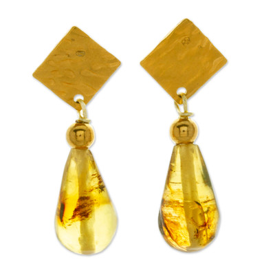 14k Gold-Plated Diamond-Shaped Amber Dangle Earrings - Promise | NOVICA