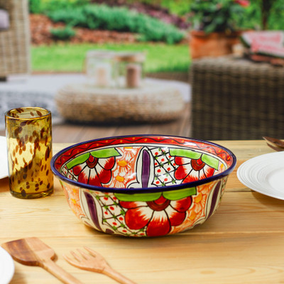 Folk Art Painted Hacienda-Themed Floral Ceramic Serving Bowl - Hacienda ...