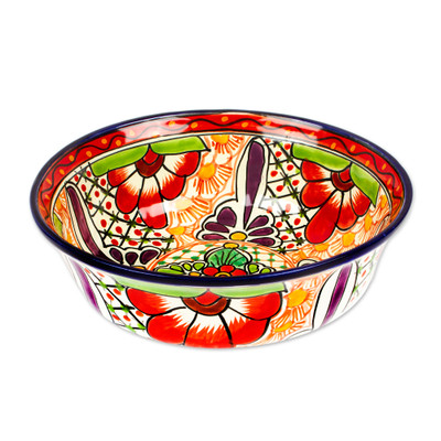 Folk Art Painted Hacienda-Themed Floral Ceramic Serving Bowl - Hacienda ...