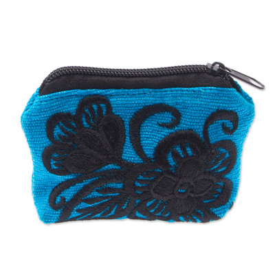Floral Embroidered Cyan Cotton Coin Purse Made in Mexico - Cyan Flora ...