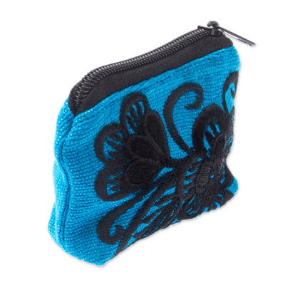 Floral Embroidered Cyan Cotton Coin Purse Made in Mexico - Cyan Flora ...