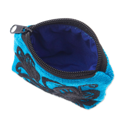 Floral Embroidered Cyan Cotton Coin Purse Made in Mexico - Cyan Flora ...