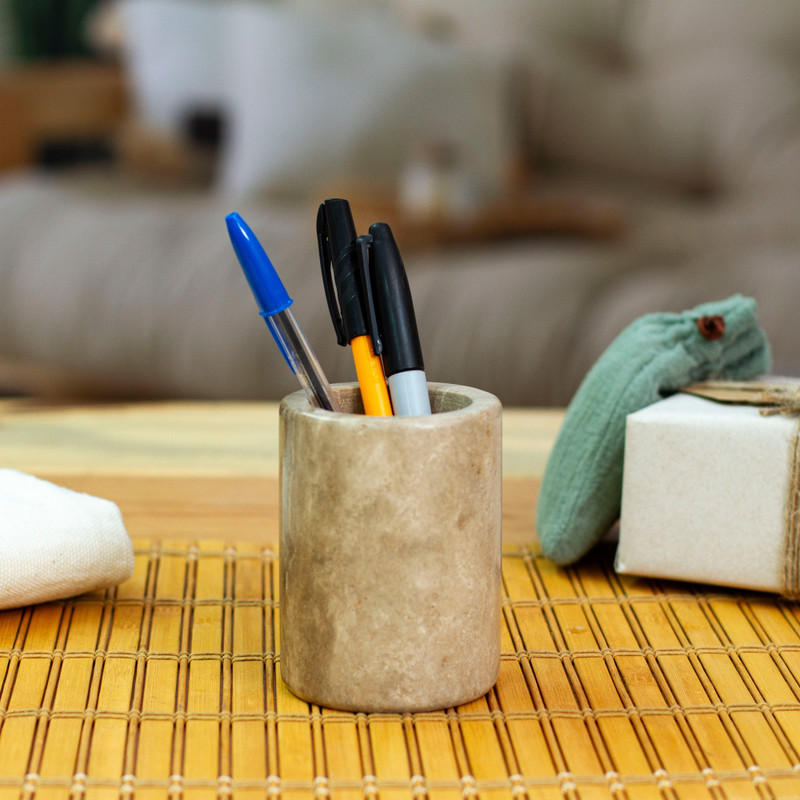 Artisan-Made Hand-Carved Natural Brown Marble Pencil Holder ...