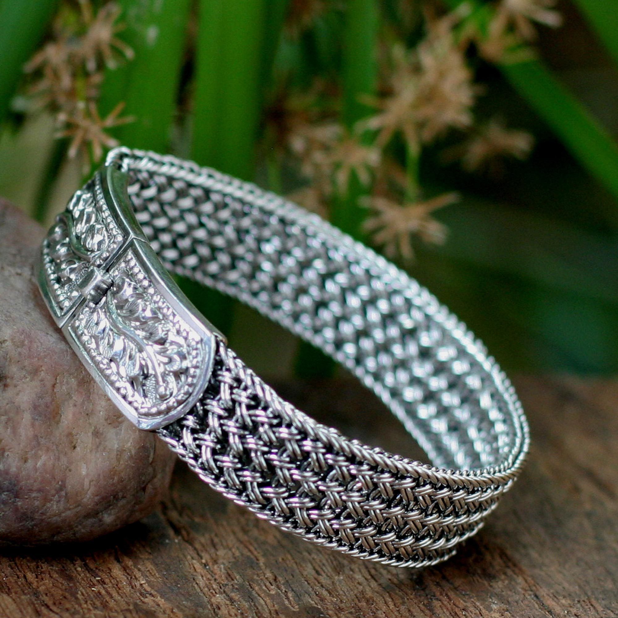 Handcrafted Floral Sterling Silver Wristband Bracelet - Woven Hideaway ...
