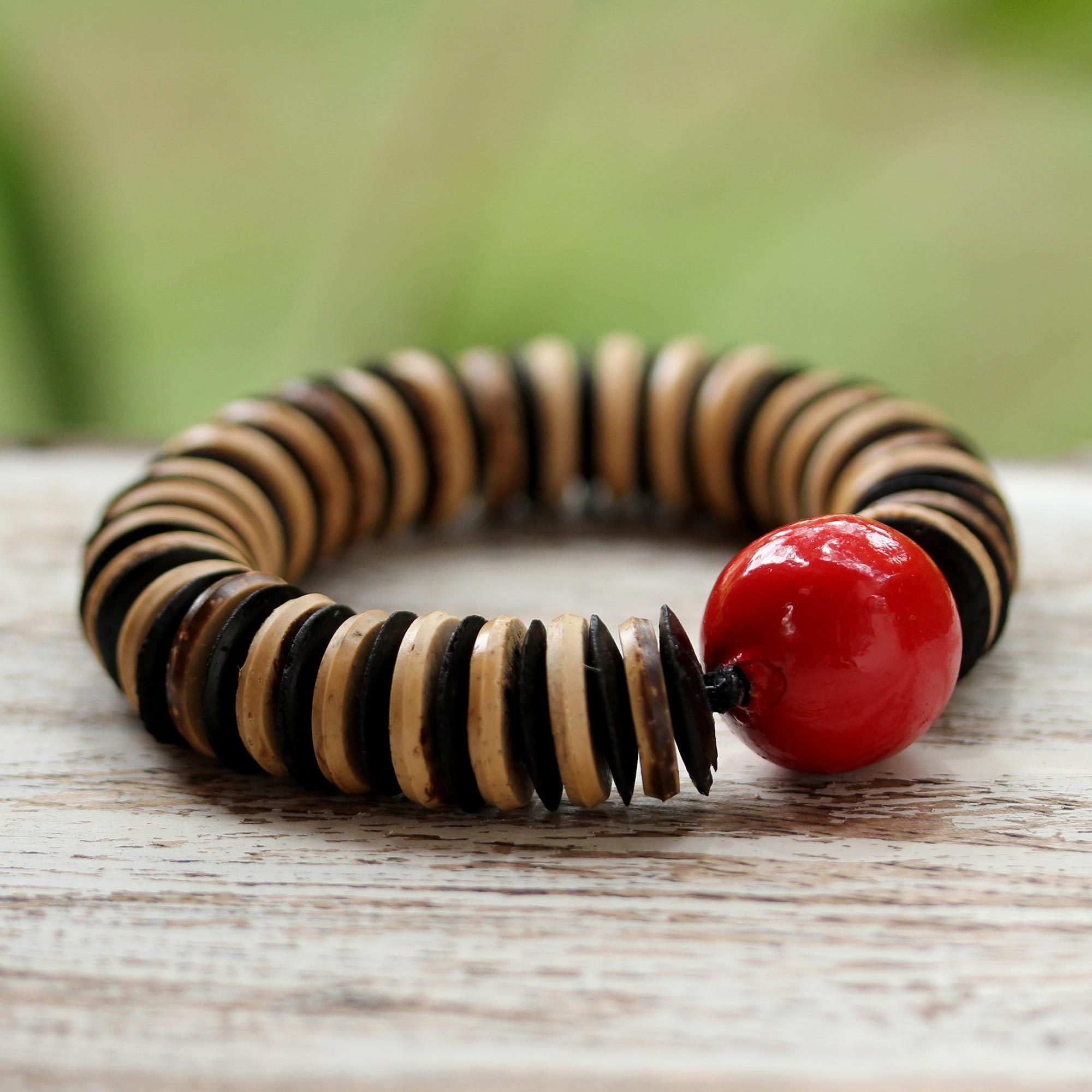 Unique Coconut Shell Stretch Bracelet - Cherry Coco | NOVICA