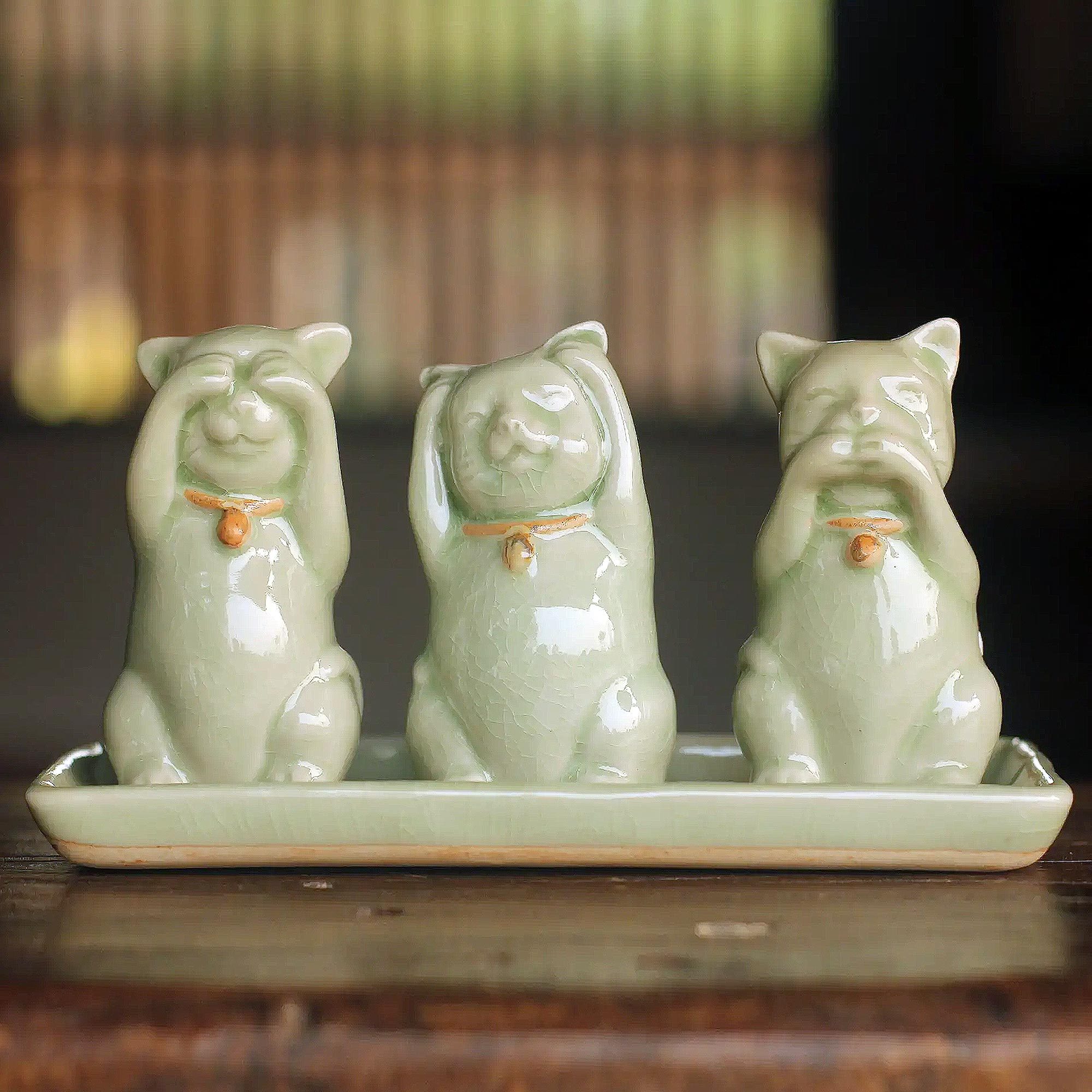 Celadon Ceramic Sculptures (Set of 3) - Cats Shun Evil | NOVICA