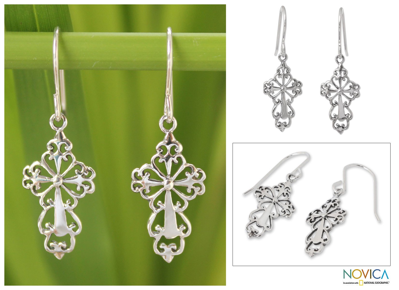 Sterling Silver Religious Dangle Earrings - Ornate Cross | NOVICA