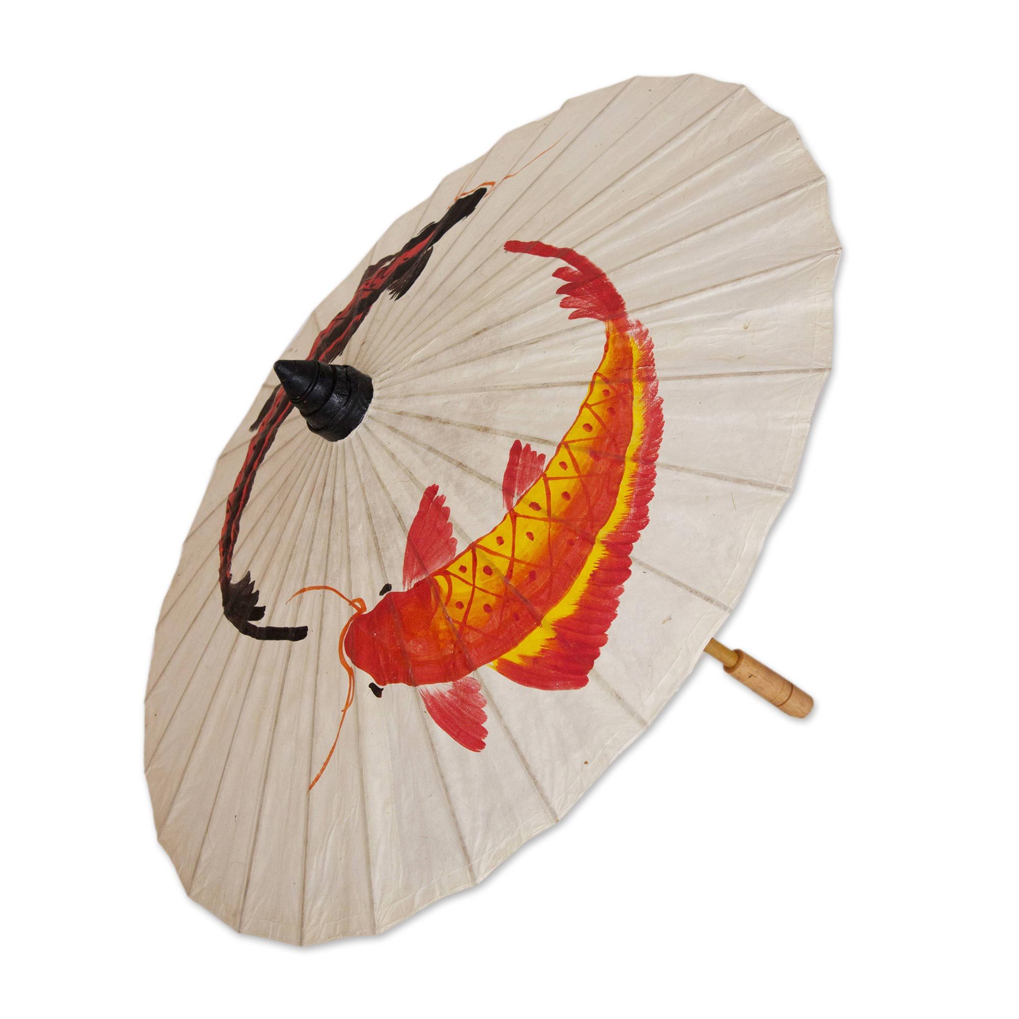 Hand Made Saa Paper Parasol with Koi Motifs - Lucky Koi | NOVICA