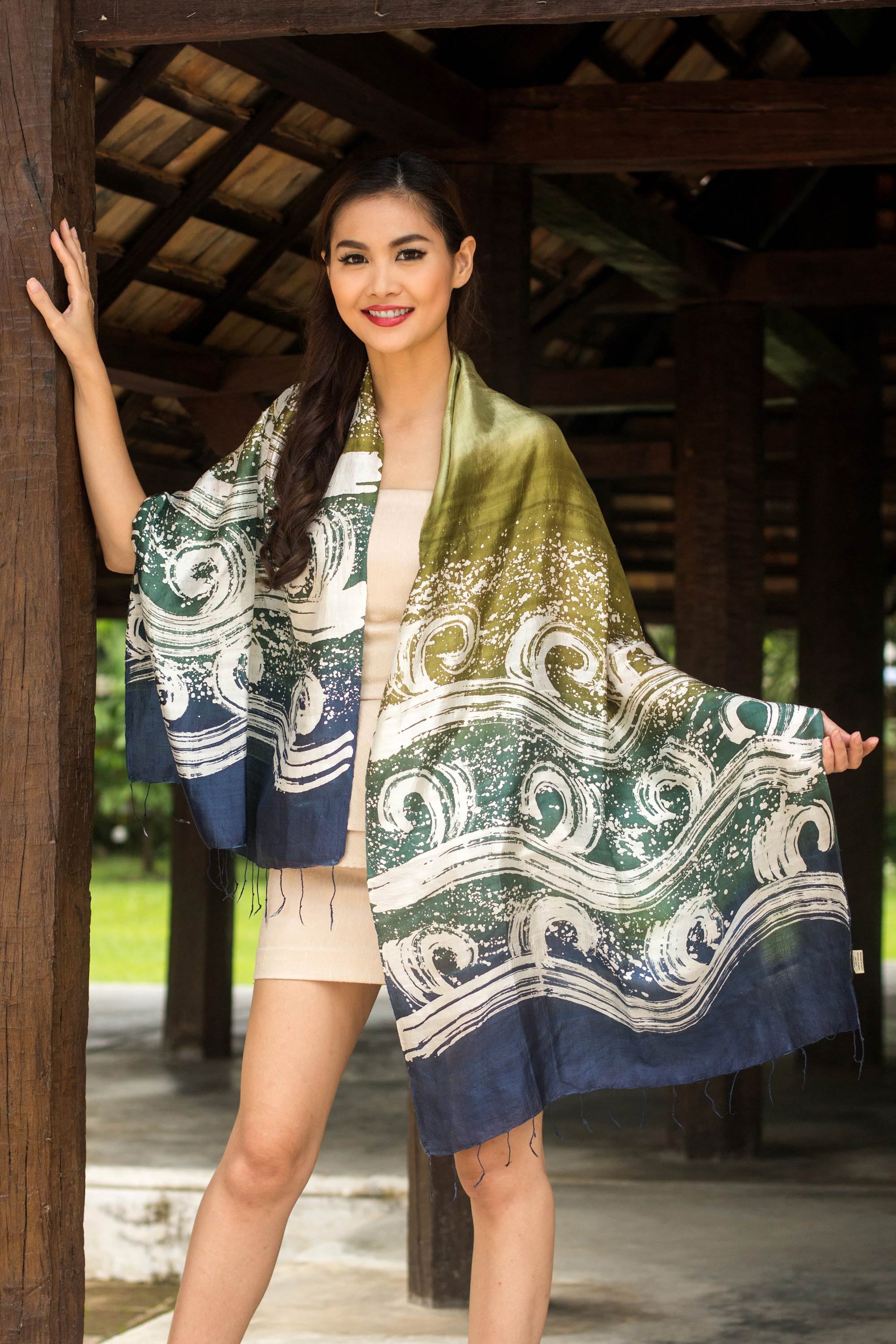 UNICEF Market | Silk Batik Shawl in Green and Blue from Thailand ...