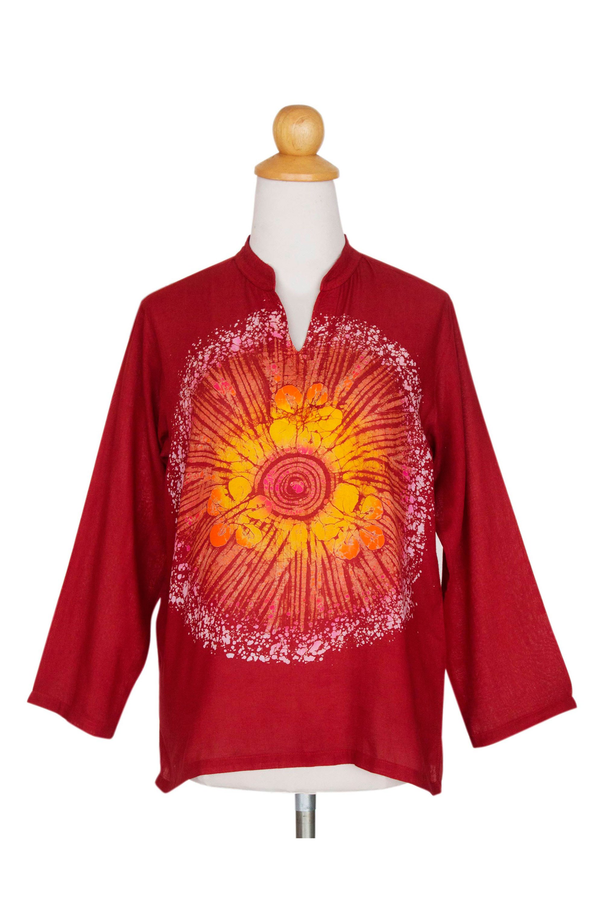 Women's Handcrafted Red Cotton Batik Tunic - Red Flower Power | NOVICA