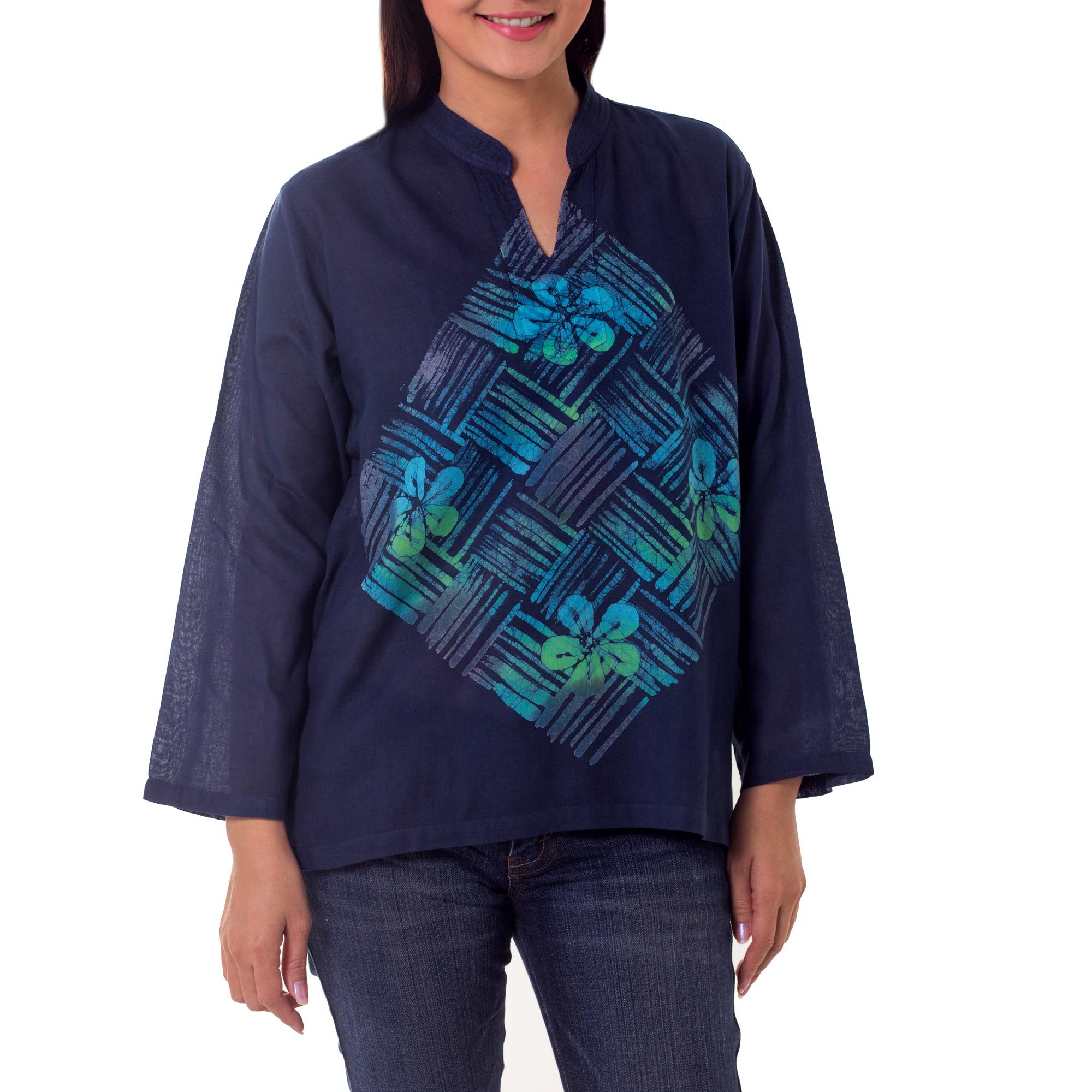 Handcrafted Batik Cotton Tunic Long Sleeve Blouse - Blue Frangipani ...