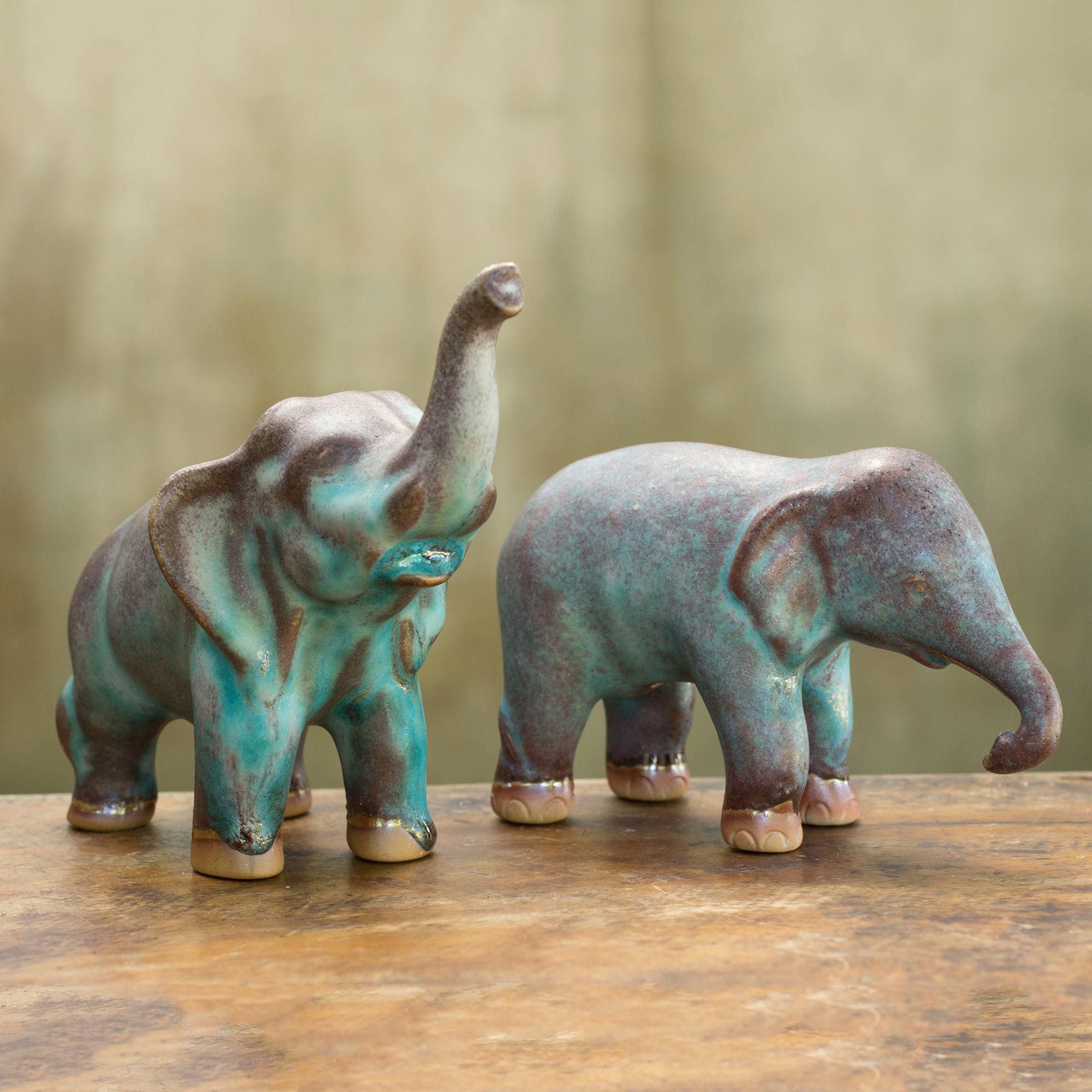 Artisan Crafted Ceramic Figurines Blue Elephants (pair) - Thai ...