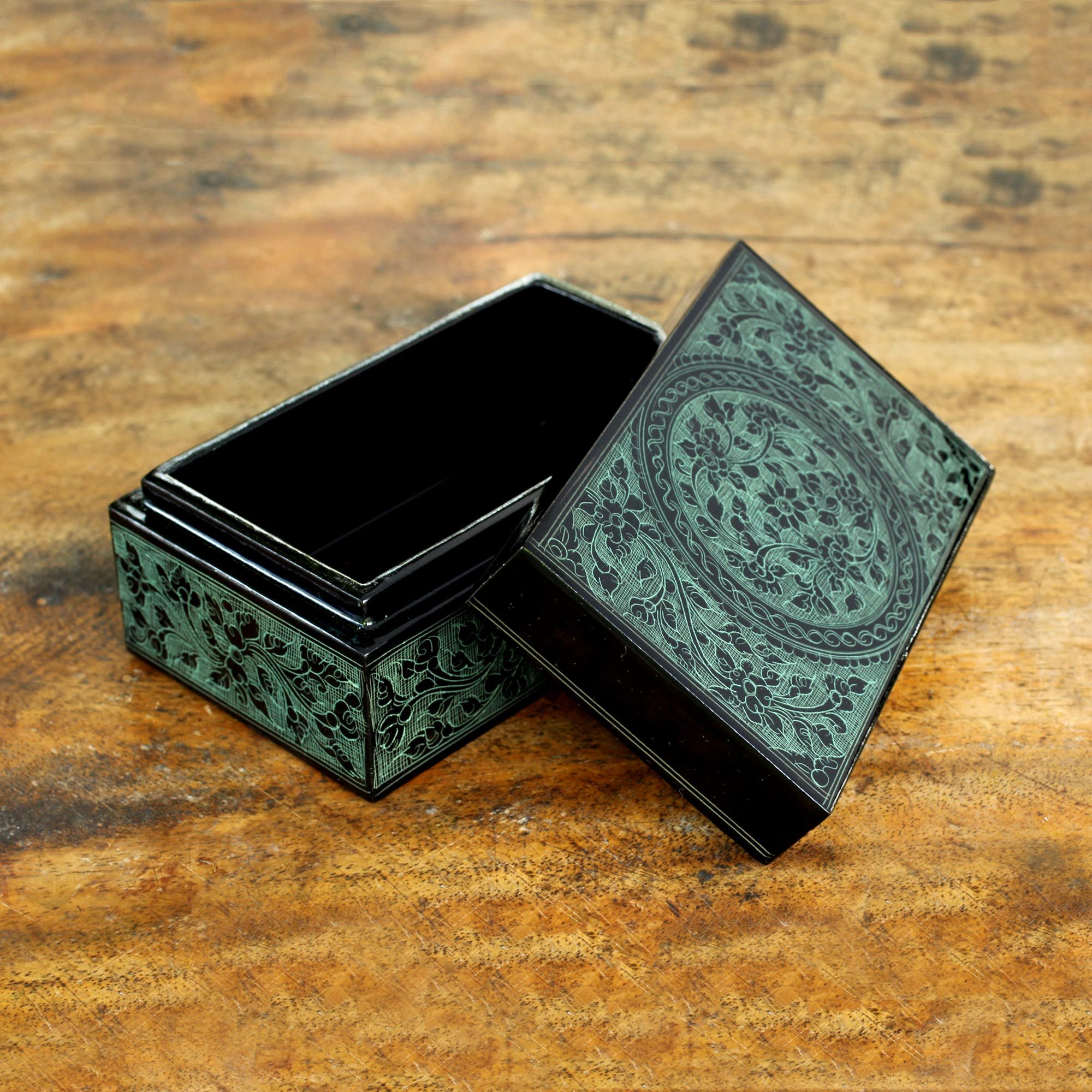 UNICEF Market | Green on Black Lacquered Decorative Box - Jade Bouquet