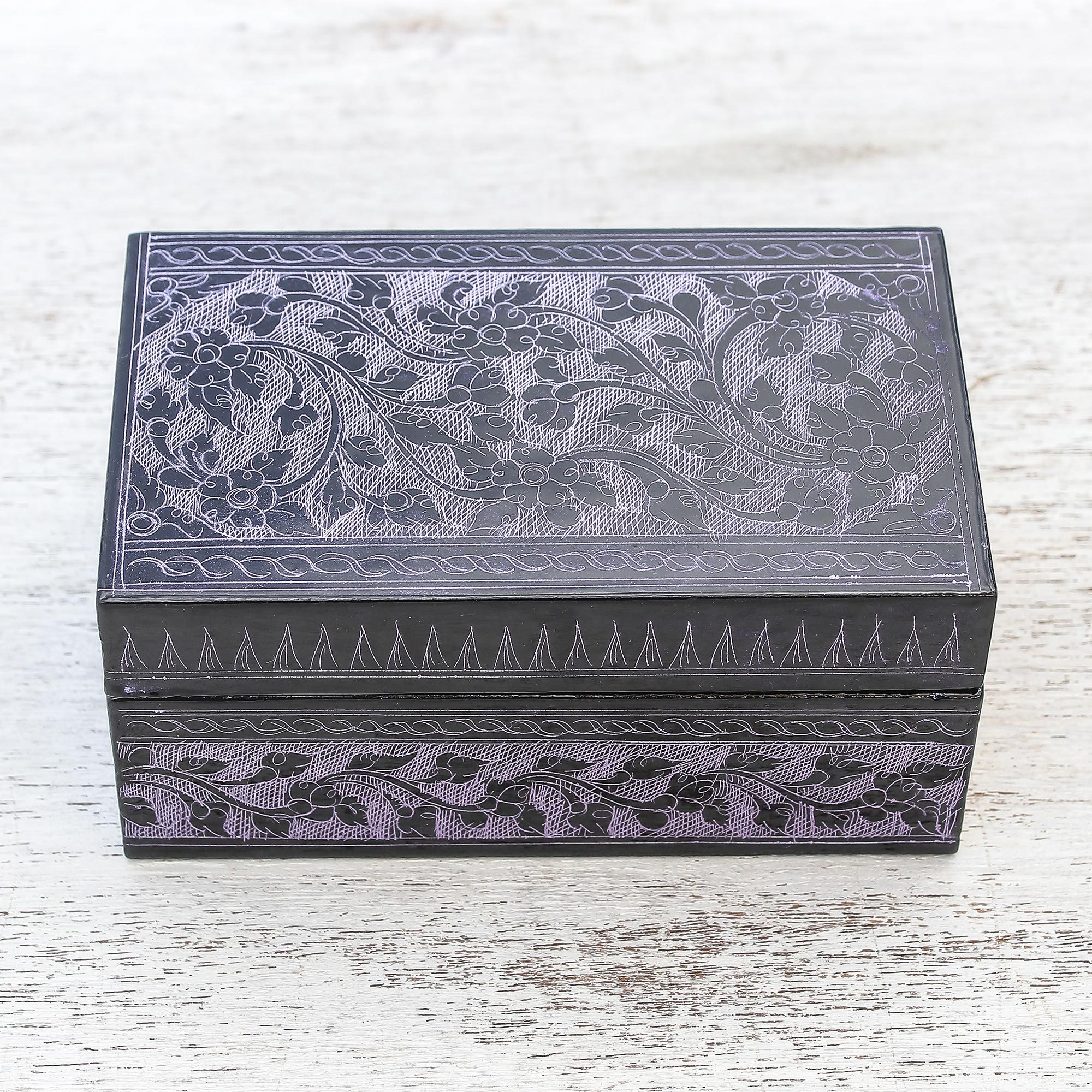 Handcrafted Lacquered Wood Decorative Box - Blossoming in Purple | NOVICA