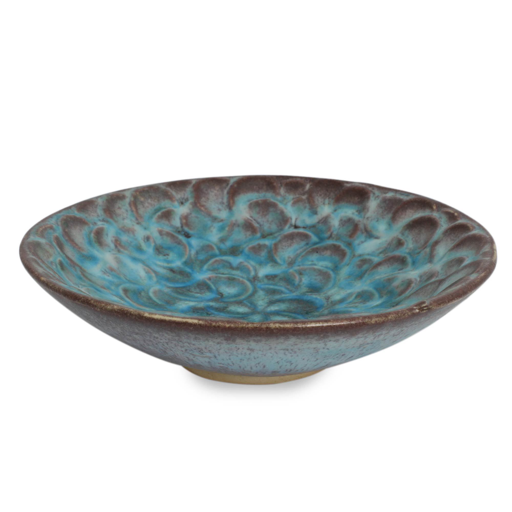 Thai Artisan Crafted Turquoise Blue Floral Ceramic Bowl - Blossoming In ...