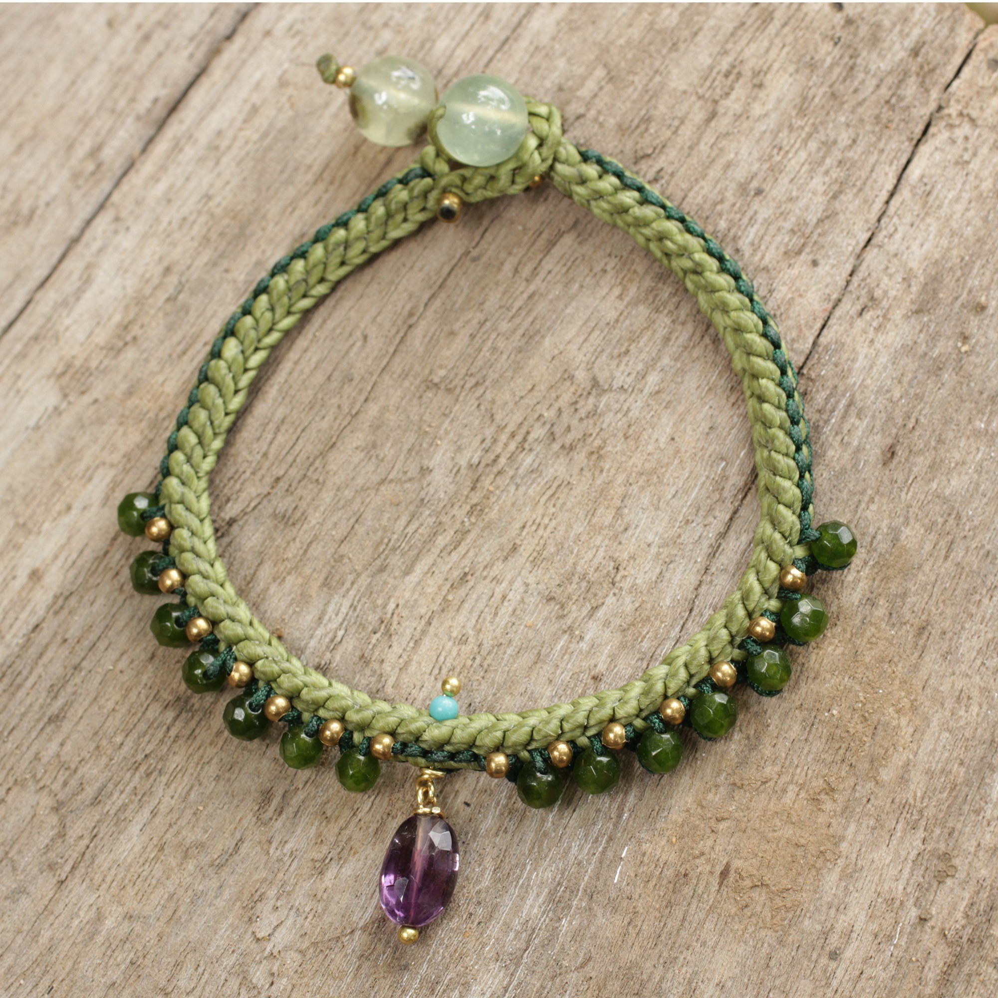 Braided Cord Bracelet with Quartz, Amethyst, and Prehnite - Mae Sa ...