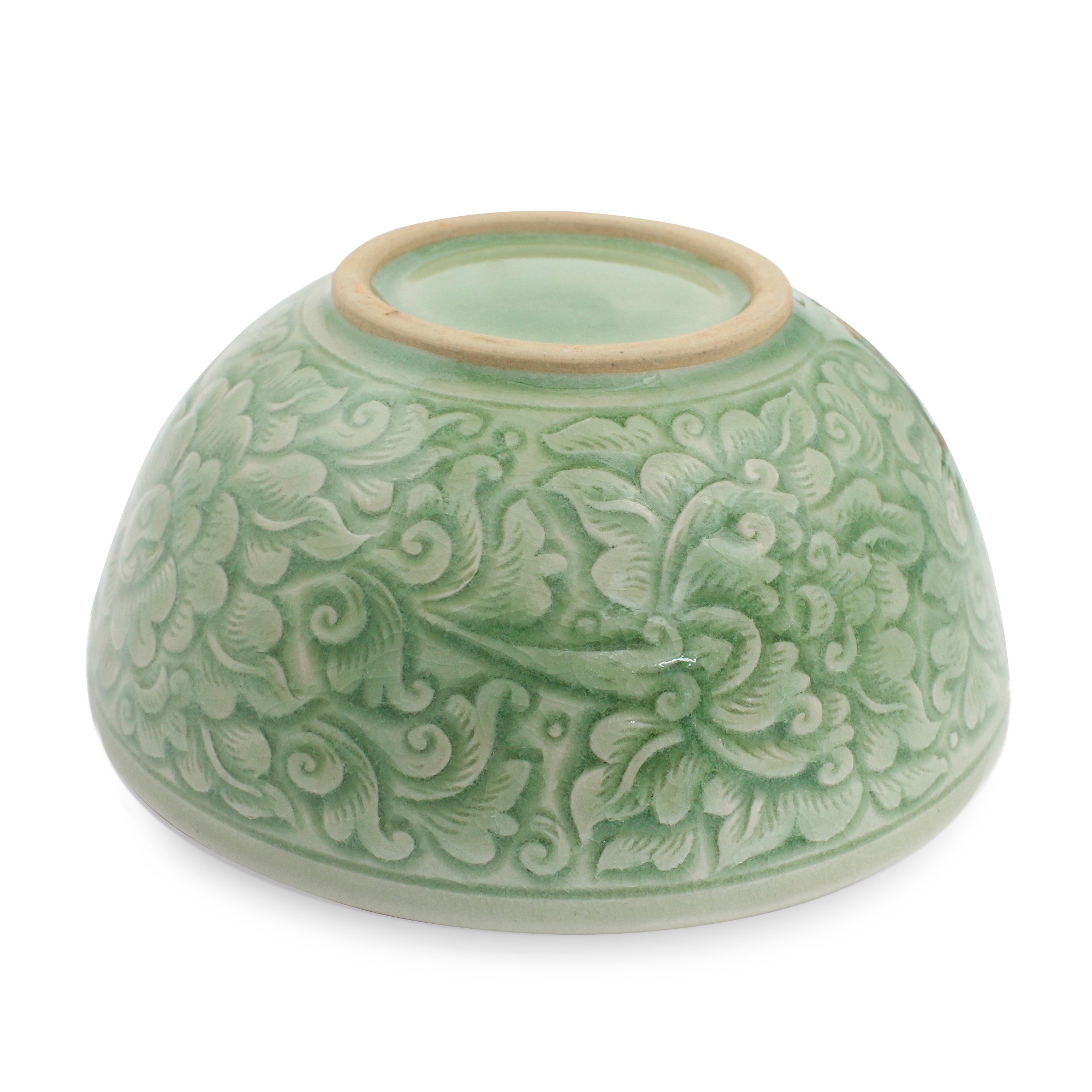 Artisan Crafted Floral Theme Thai Celadon Ceramic Bowl - Green Peony ...