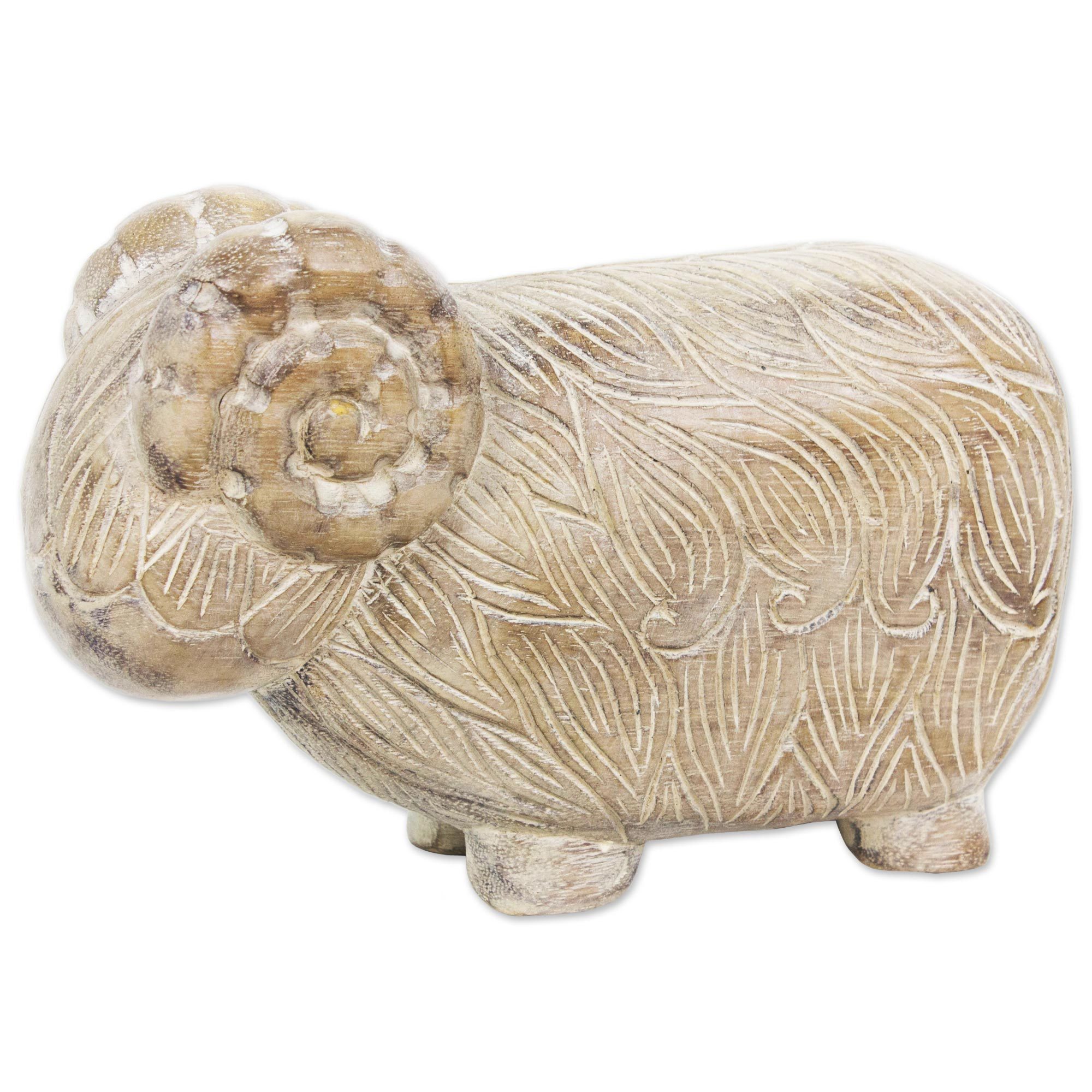 Hand Made Wood Sculpture of a Rustic Sheep from Thailand - Woolly Sheep ...
