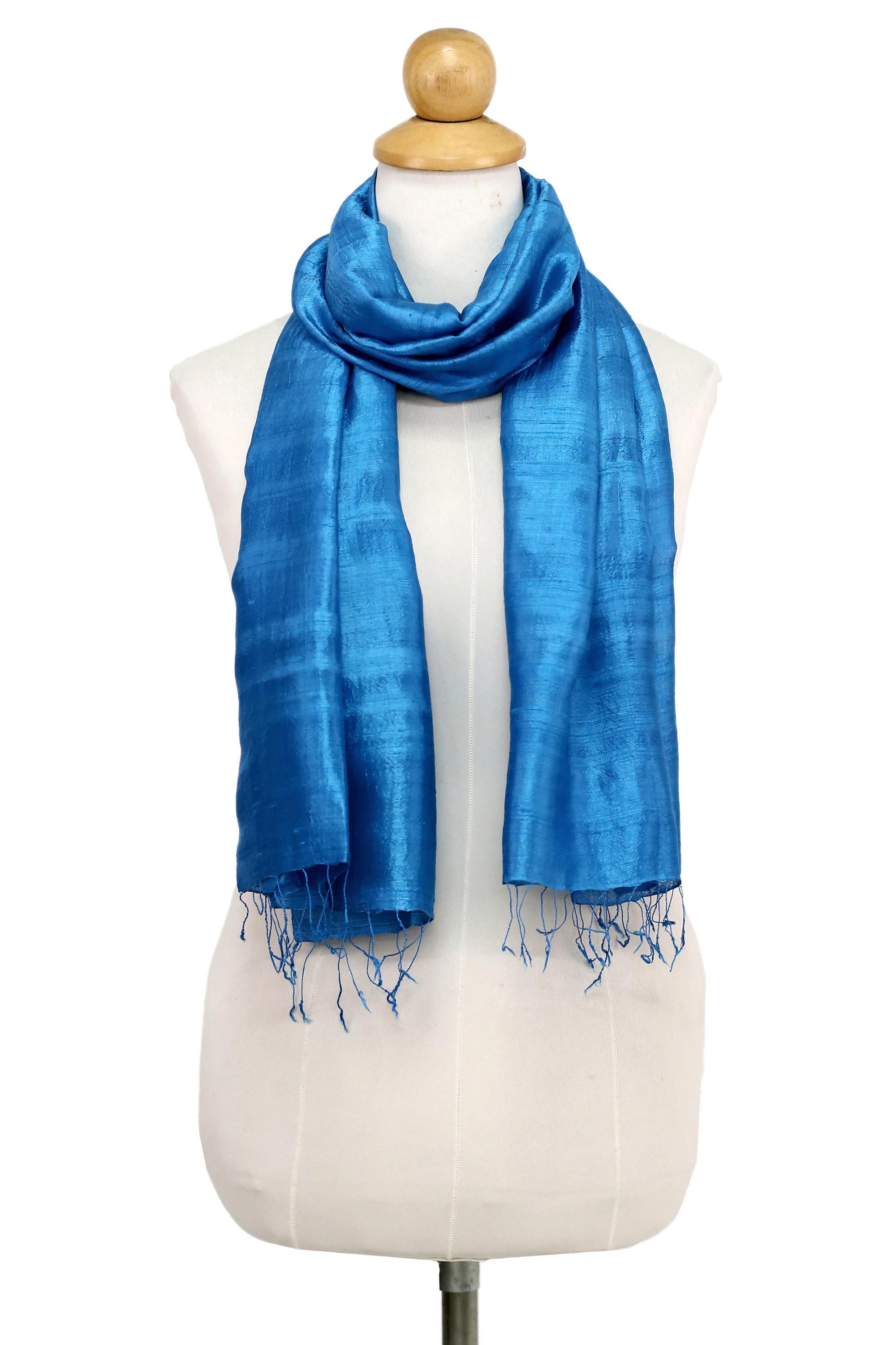 Hand Woven Fringed Silk Scarf in Cyan from Thailand - Shimmering Cyan ...