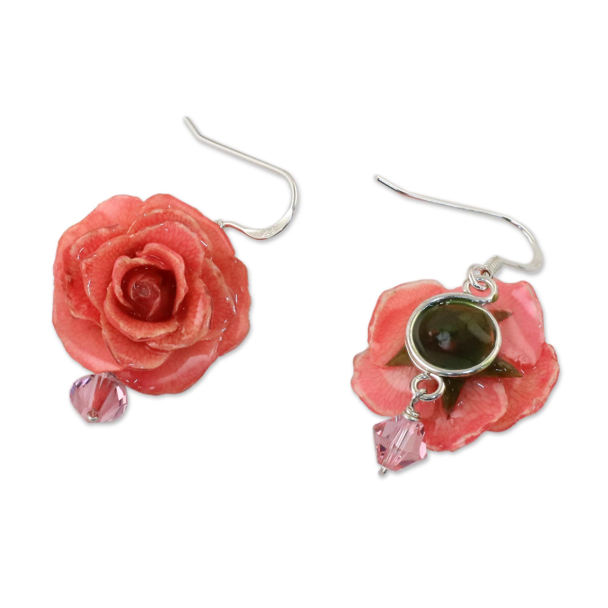 Natural Rose Dangle Earrings in Pink from Thailand - Floral Temptation ...