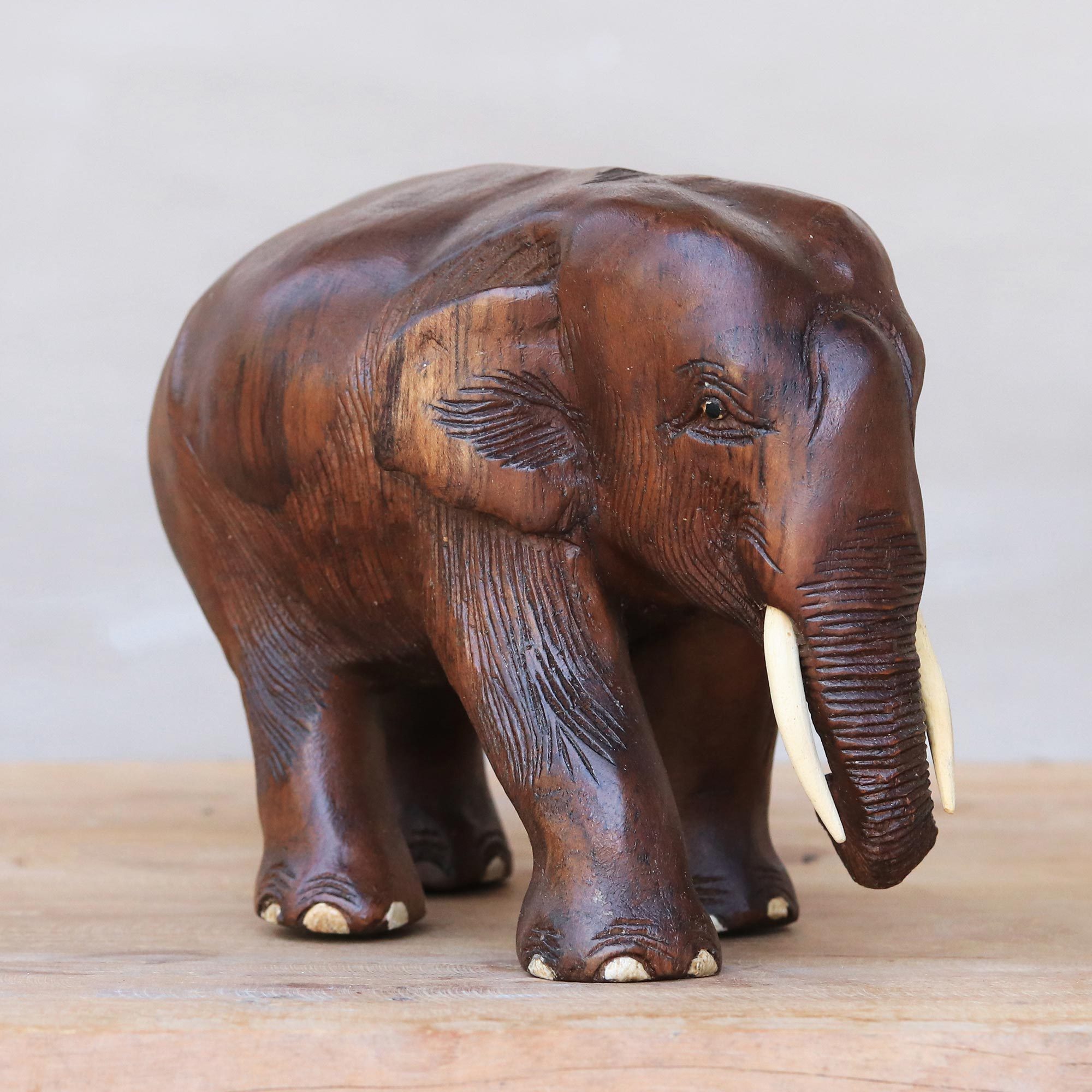 Handmade Teak Wood Elephant Sculpture from Thailand - Nature Trip | NOVICA