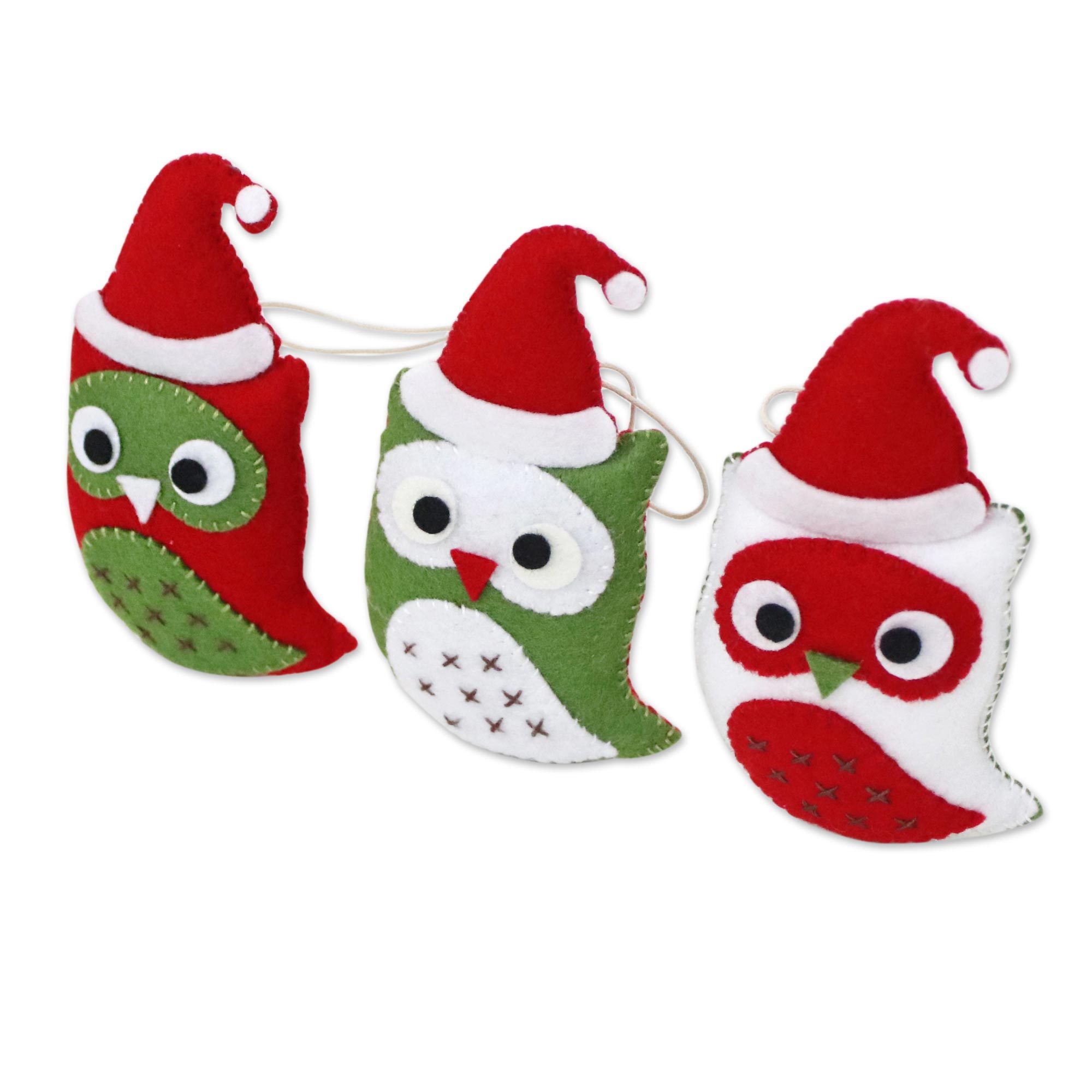 Felt Owl Christmas Ornaments Set of 3 from Thailand - Santa's Owls (set ...
