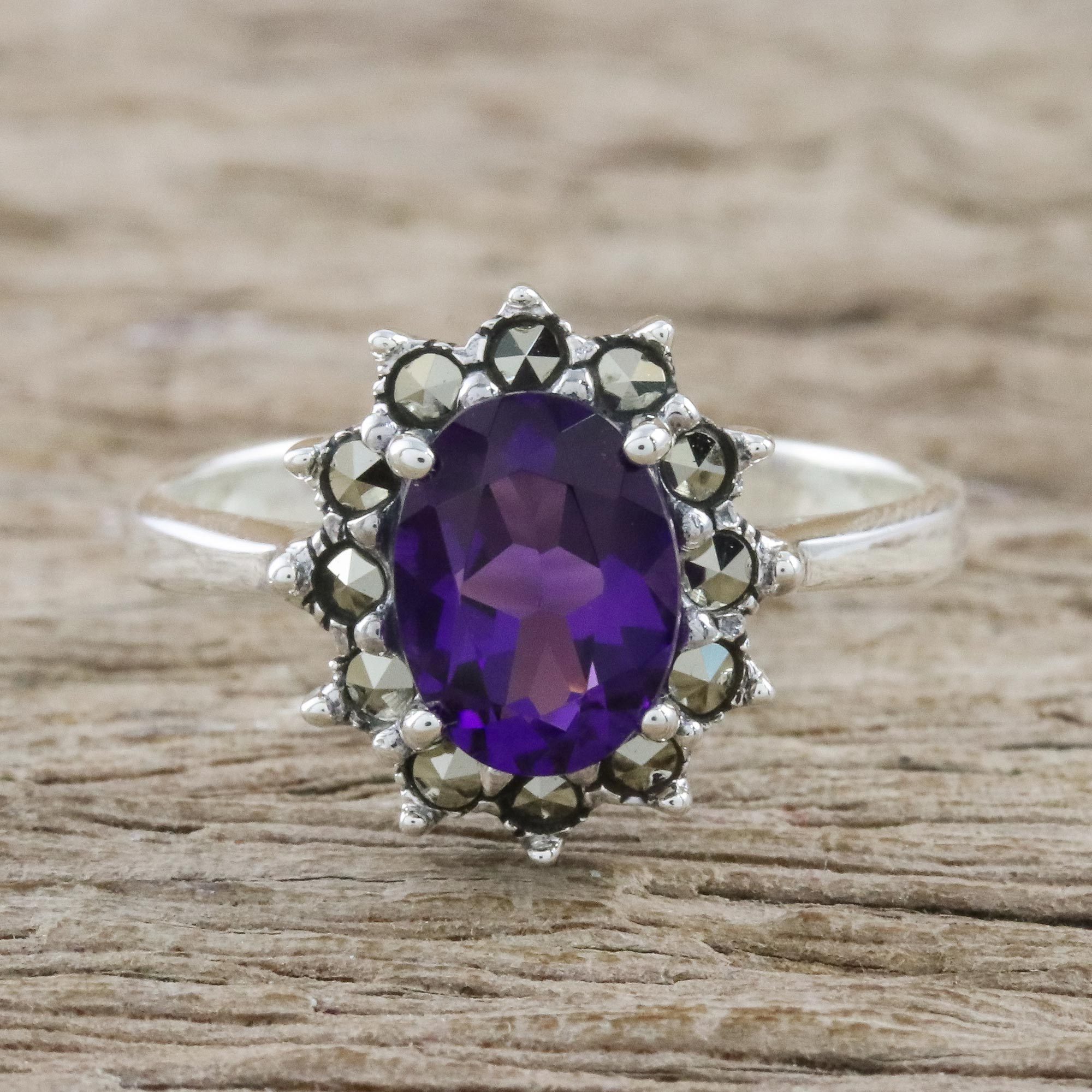 Artisan Crafted Silver Ring with Amethyst and Marcasite - Victorian ...