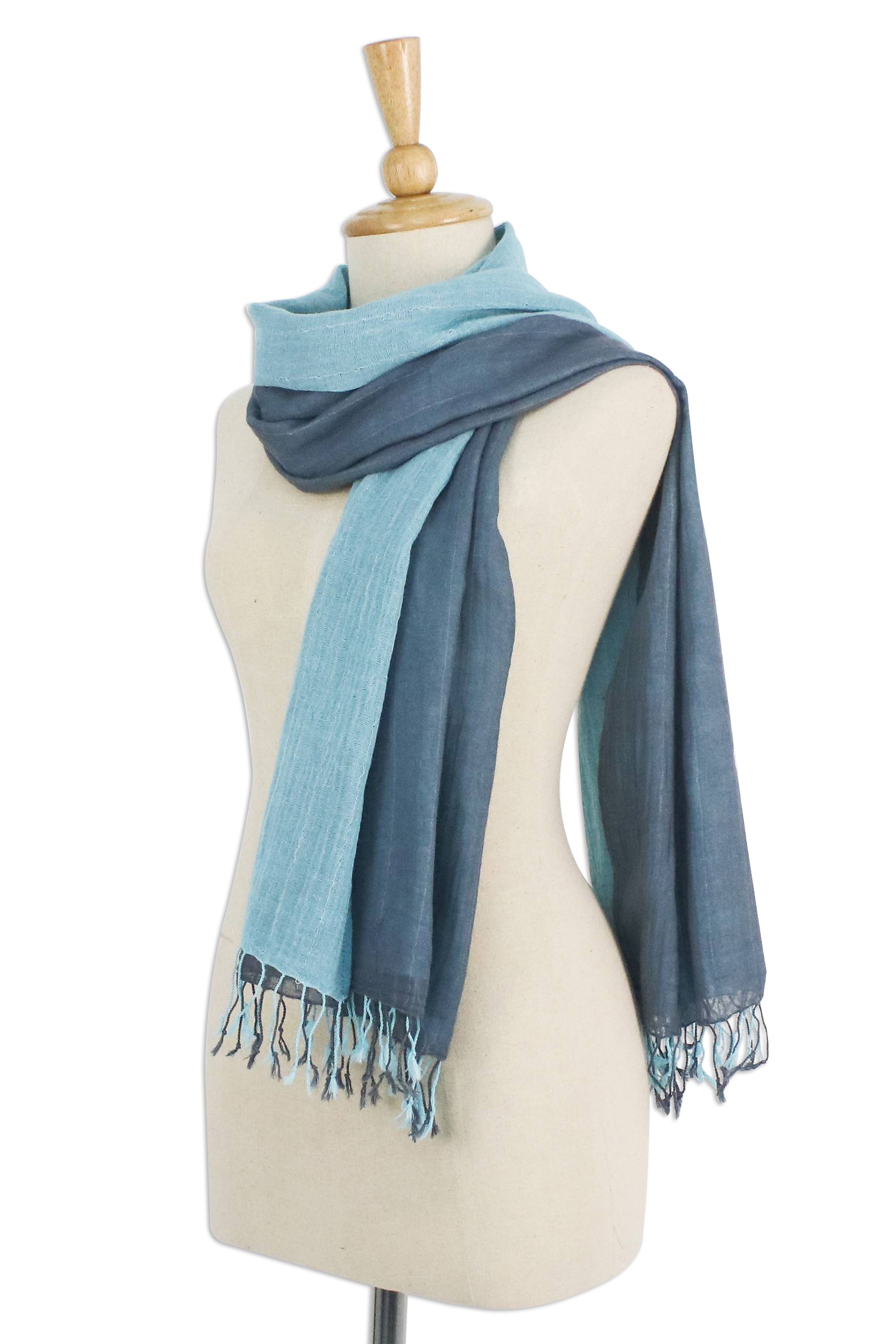 100% Cotton Reversible Blue and Grey Fringed Scarf - Ocean Tones | NOVICA