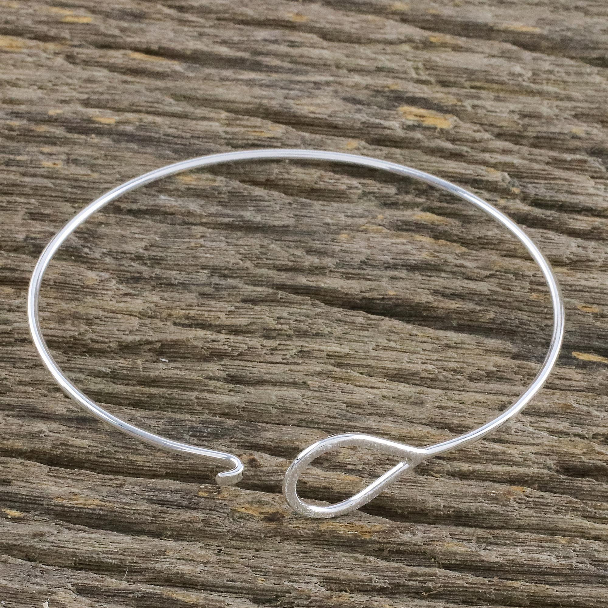 Handmade 925 Sterling Silver Bangle Clasp Bracelet - Satin Drop | NOVICA