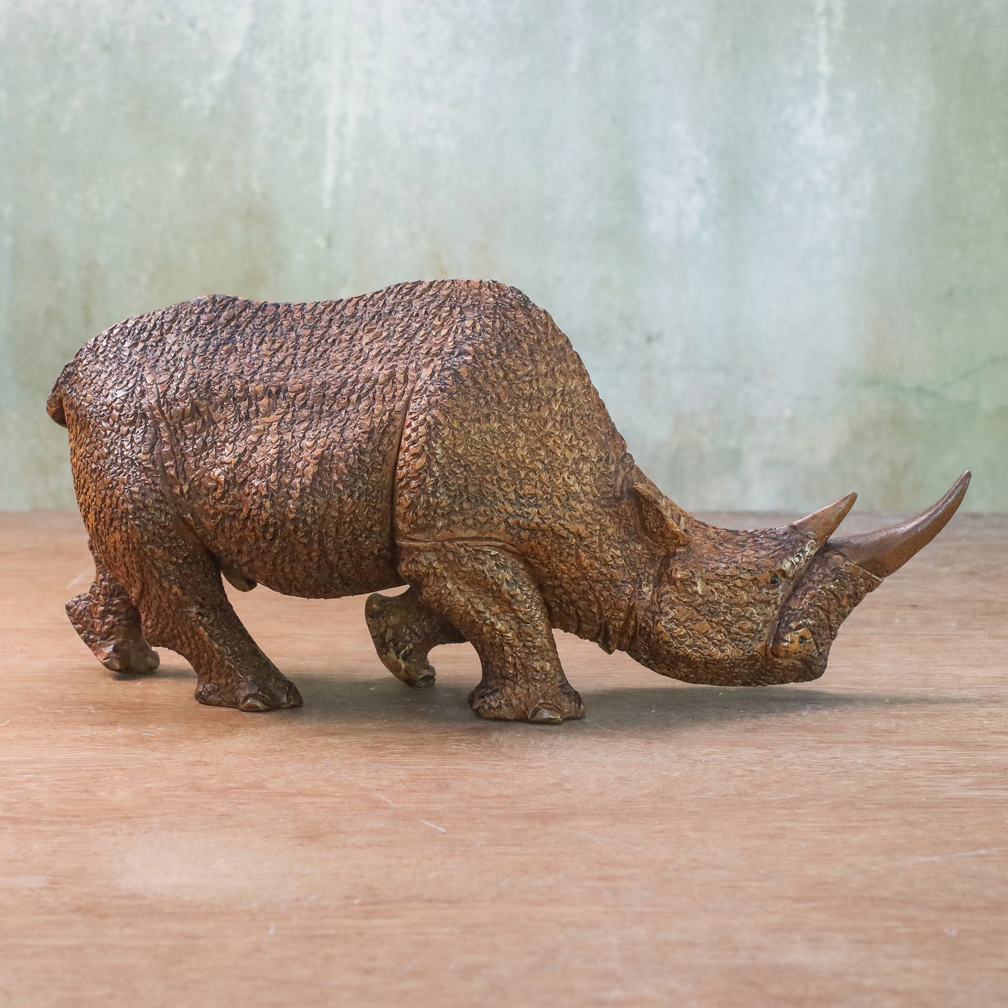 Hand Carved Raintree Wood Rhino Sculpture from Thailand - Strong Rhino ...