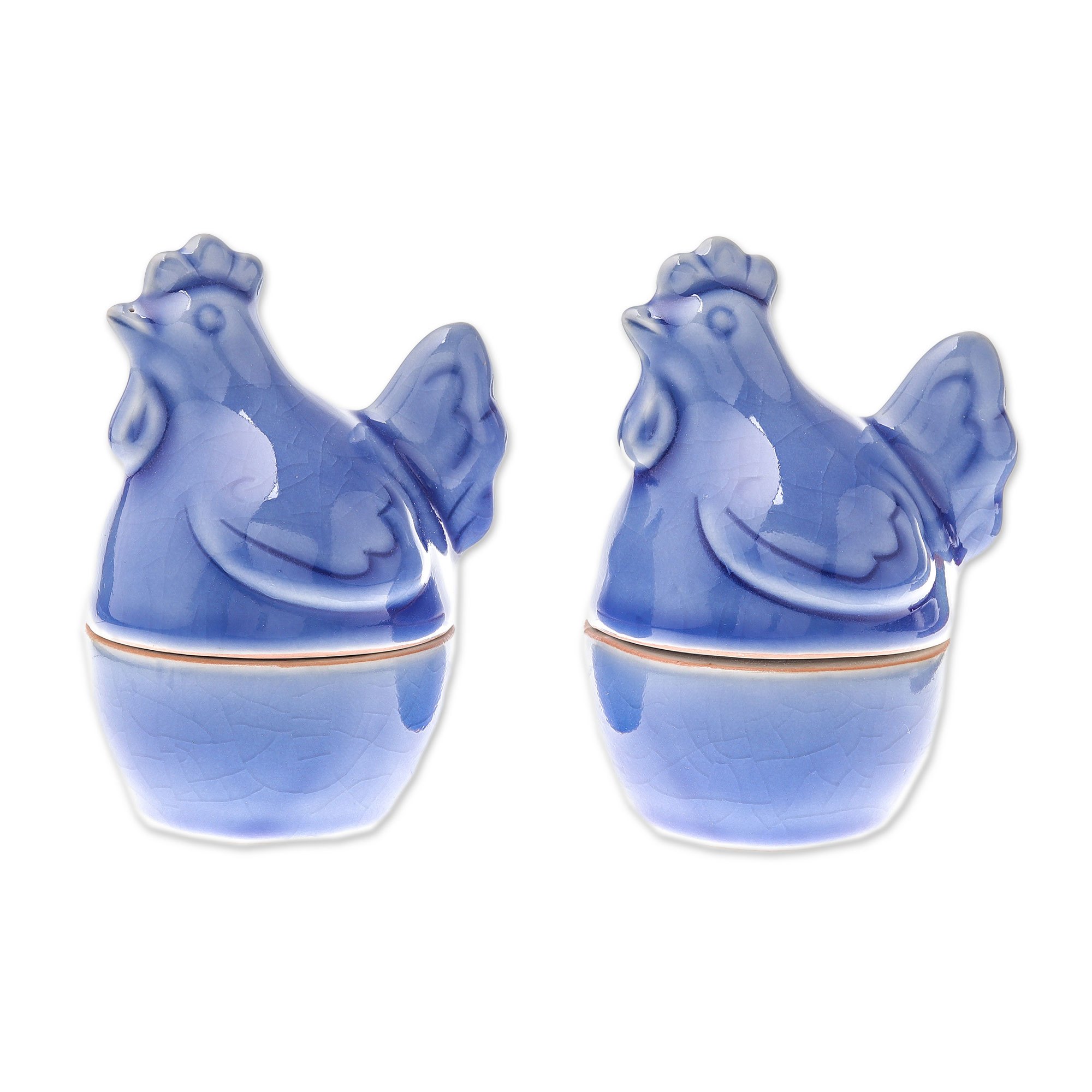 Blue Ceramic Hen Egg Cups from Thailand (Pair) - Hen Breakfast | NOVICA