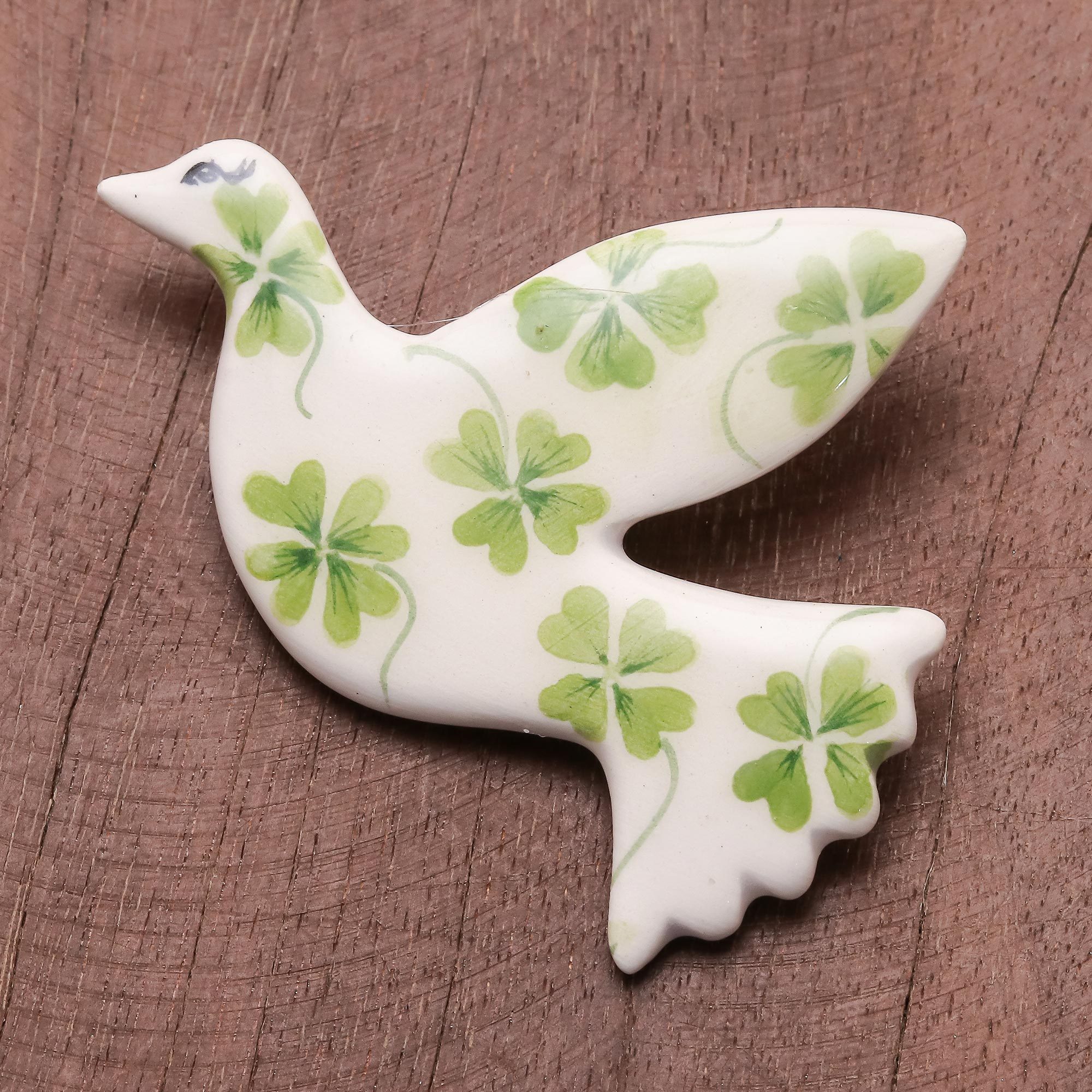 Four-Leaf Clover Ceramic Dove Brooch from Thailand - Lucky Dove | NOVICA