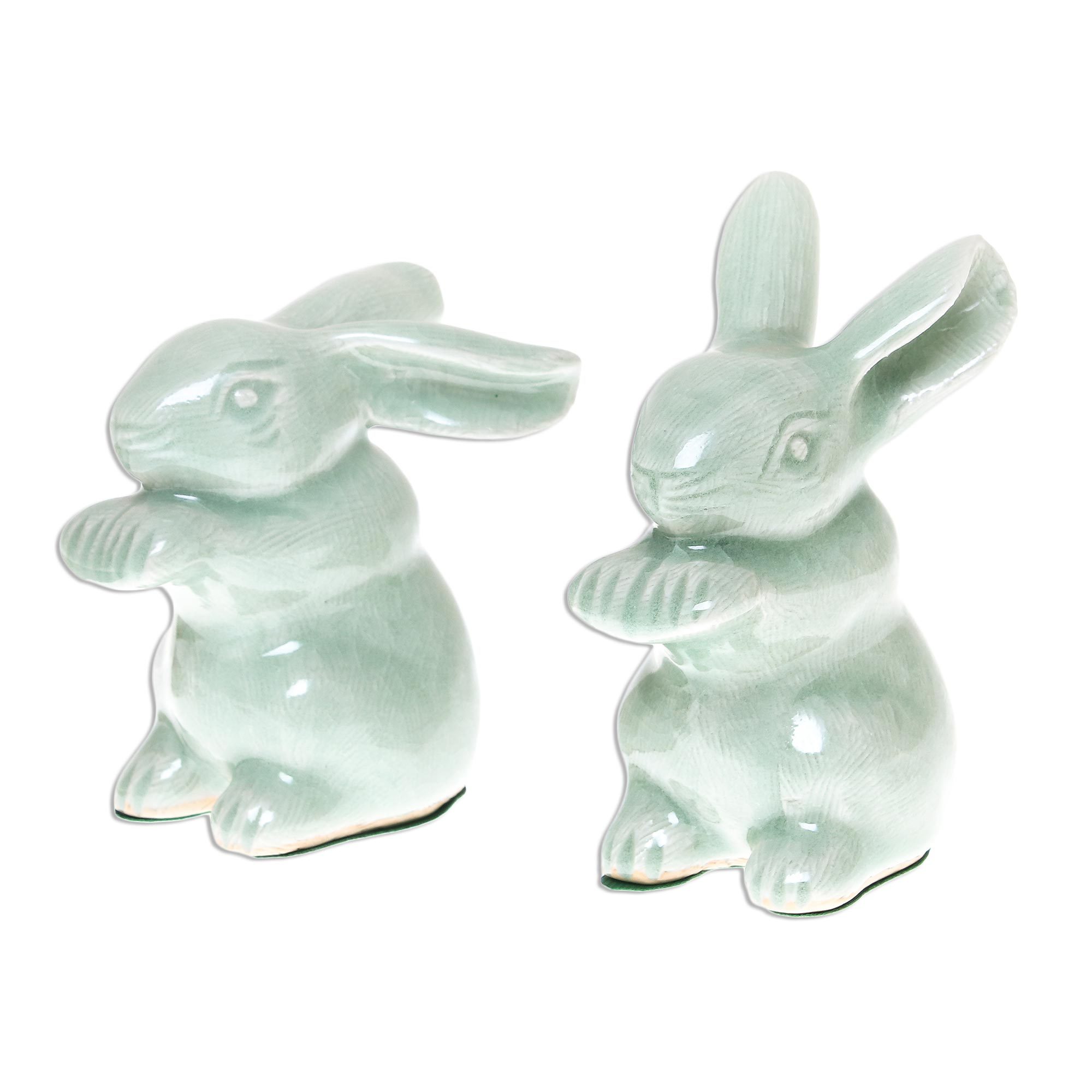 Celadon Ceramic Rabbit Figurines from Thailand (Pair) - Green Rabbits ...