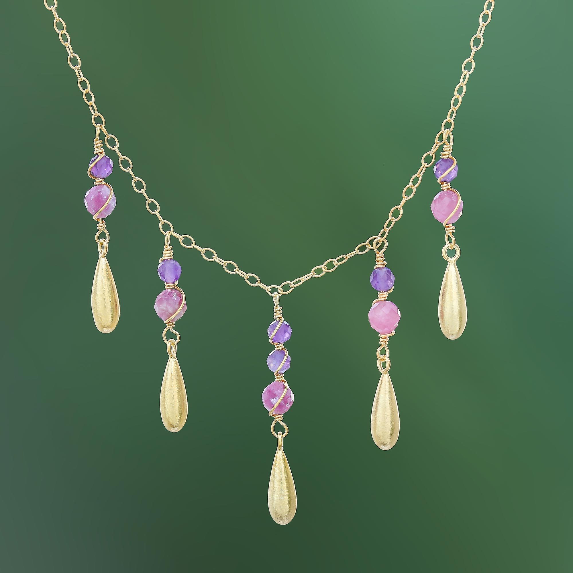 Tourmaline and Amethyst Pendant Waterfall Necklace - Aria | NOVICA