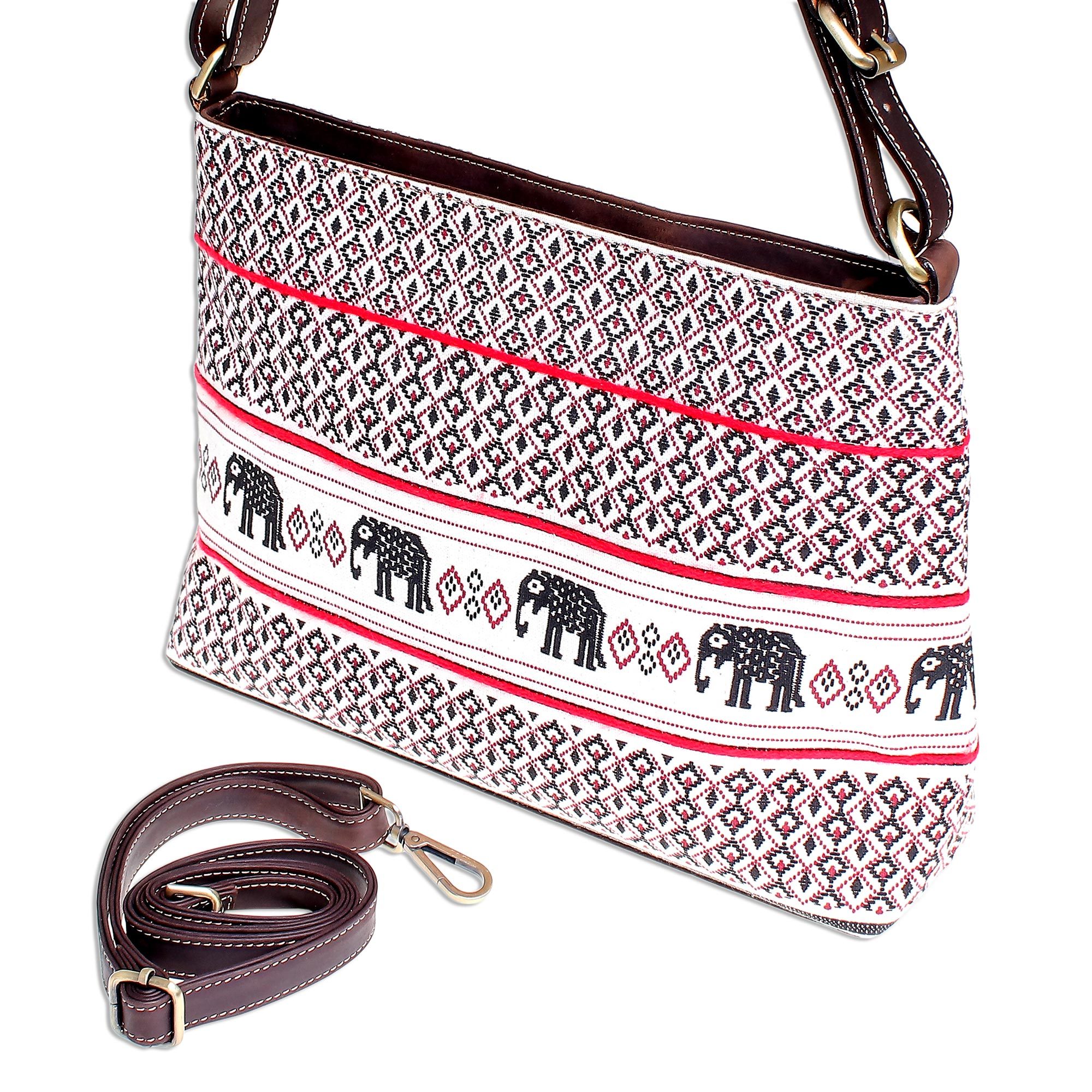 Elephant Motif Cotton and Leather Shoulder Bag - Hmong Elephants | NOVICA