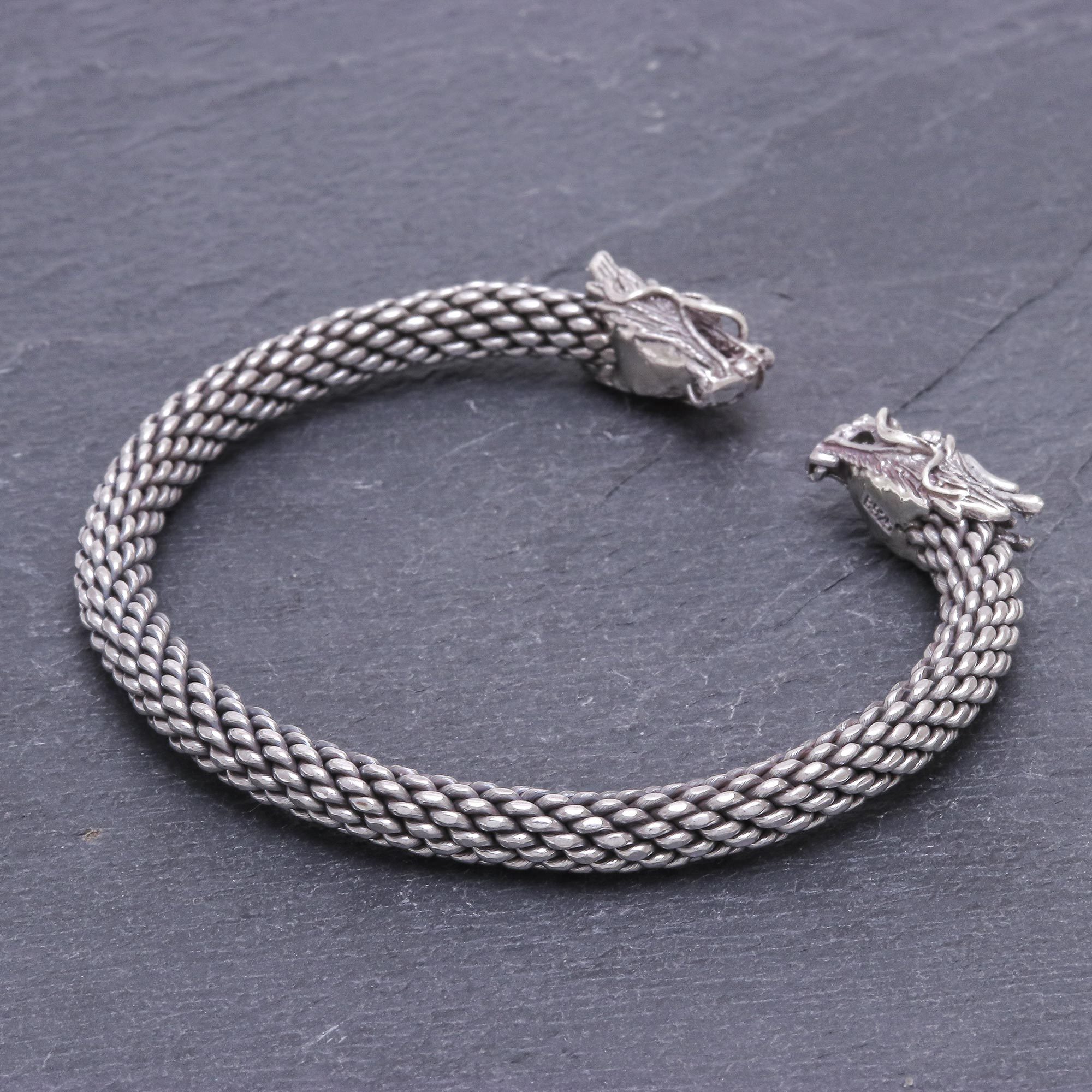 Dragon Themed Unisex Sterling Silver Cuff Bracelet - Double Dragons ...