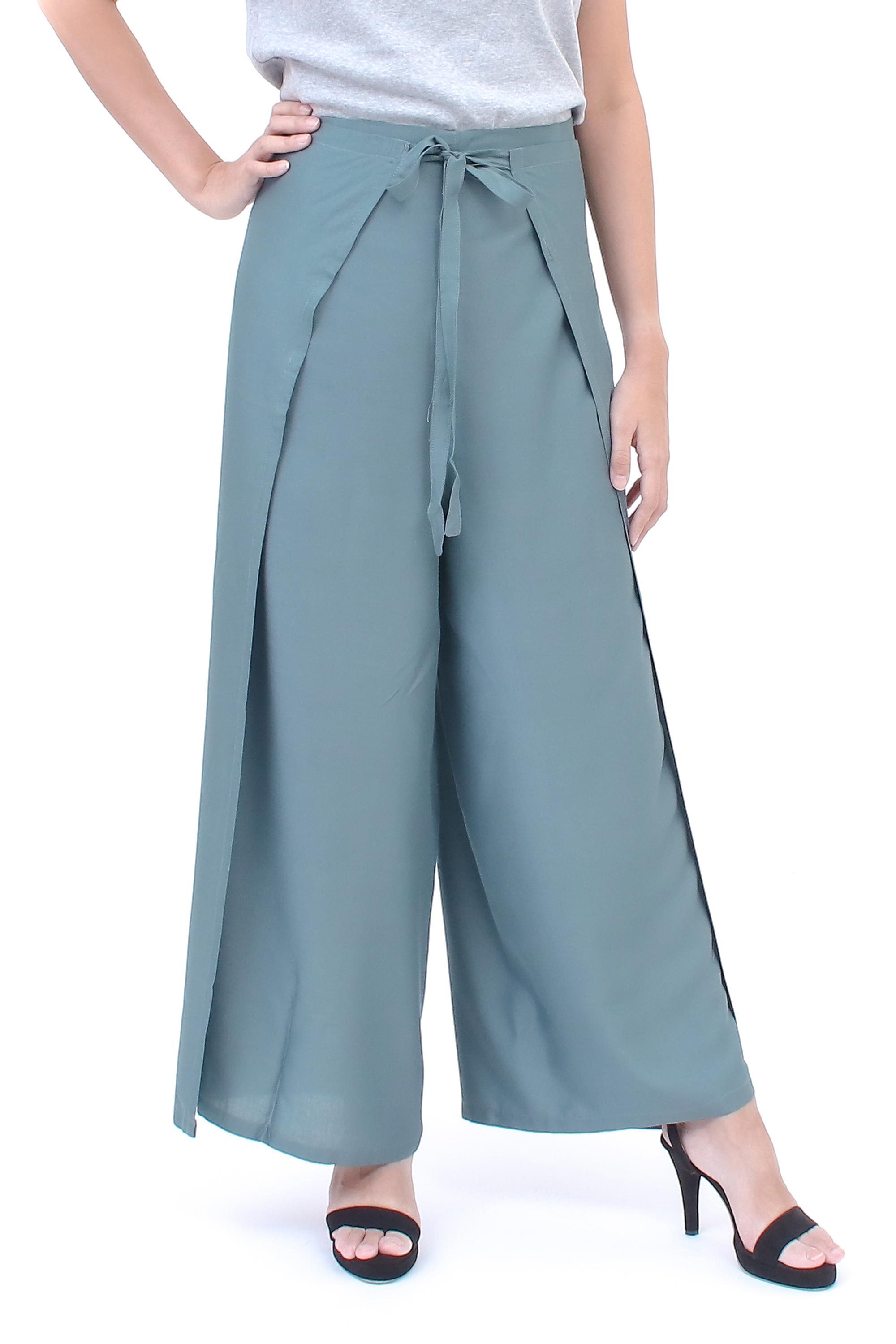 Artisan Made Rayon Wrap Pants - Summer Chill in Grey | NOVICA