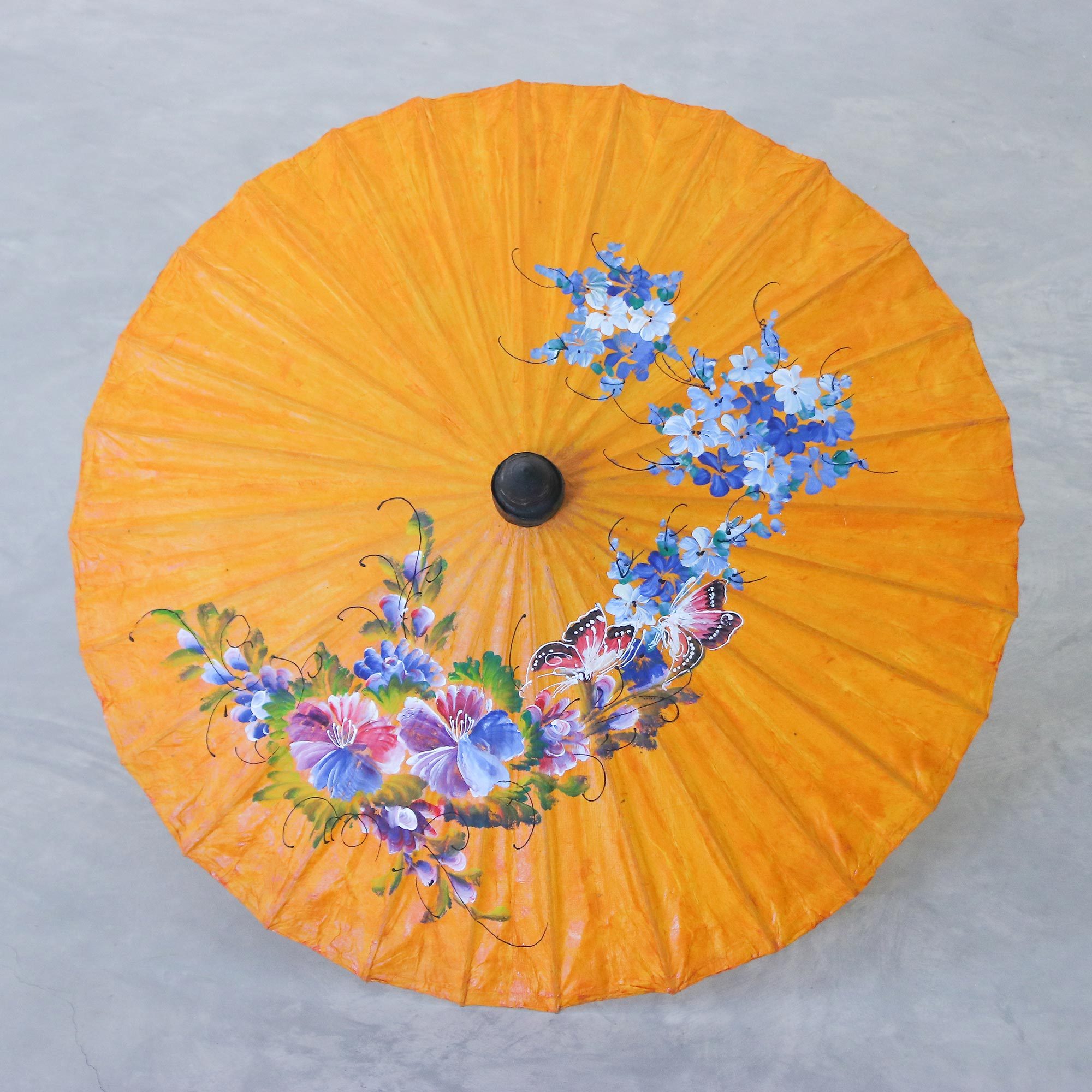 Hand-Crafted Saa Paper Parasol with Bamboo Handle - Orange Flora | NOVICA